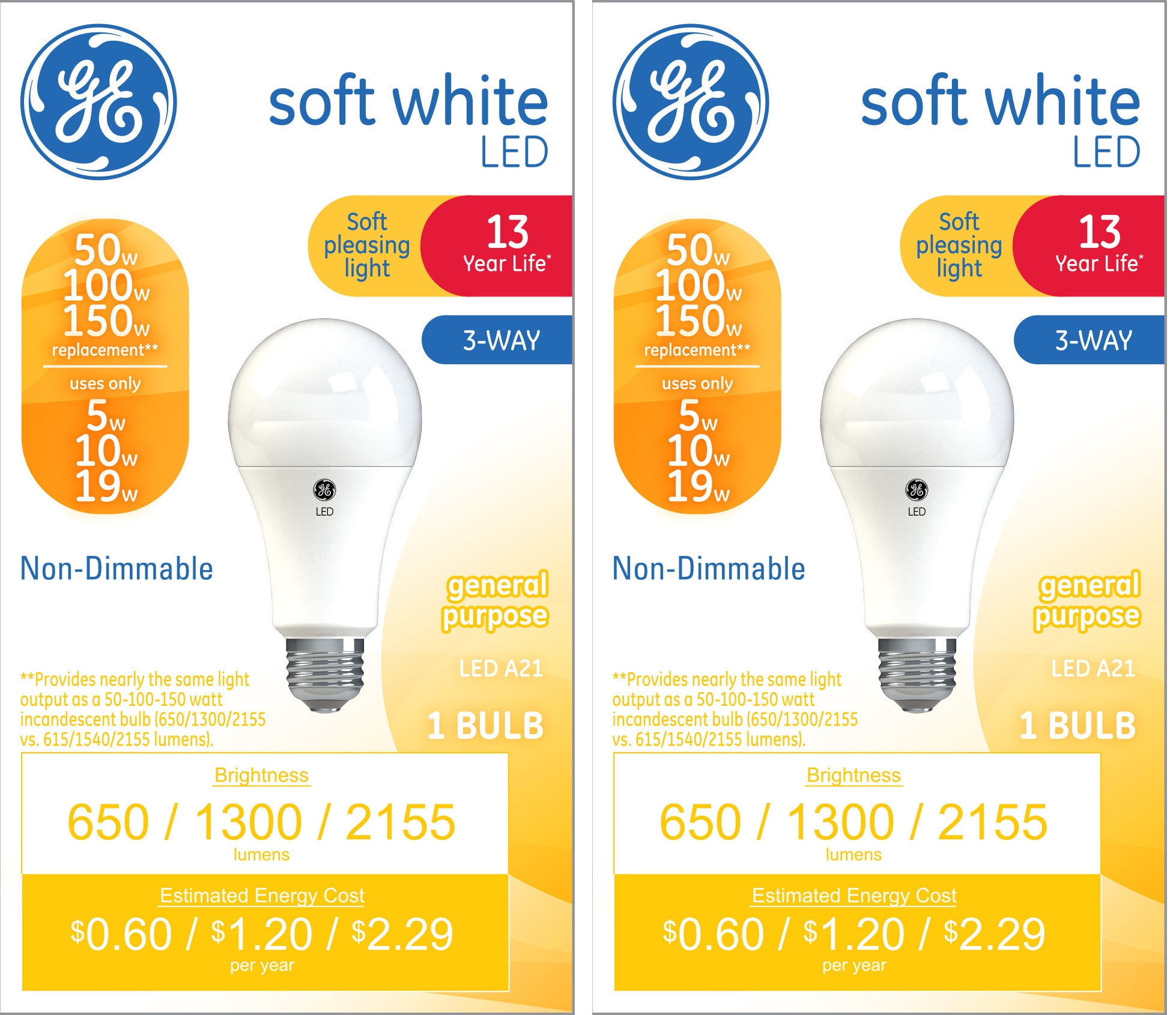 GE Lighting Soft White LED 3-Way A21 Light Bulb, 50W/100W/150W ...