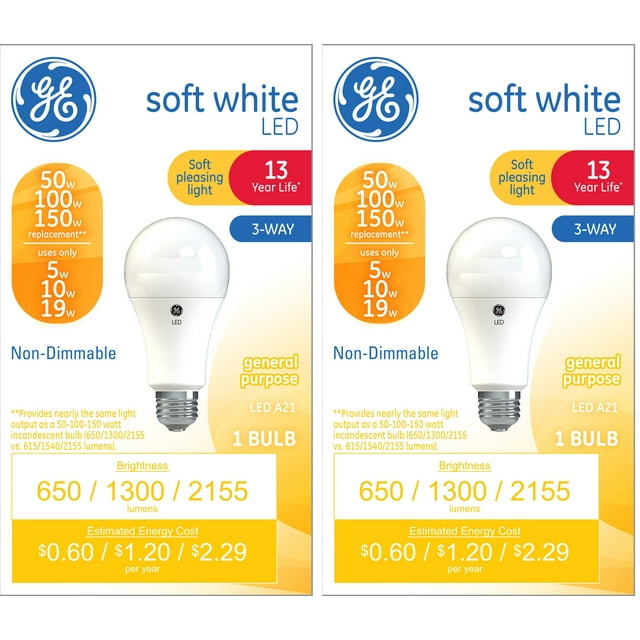 (2 bulbs) GE soft white LED 3-WAY A21 50 watt 100 watt 150 watt ...