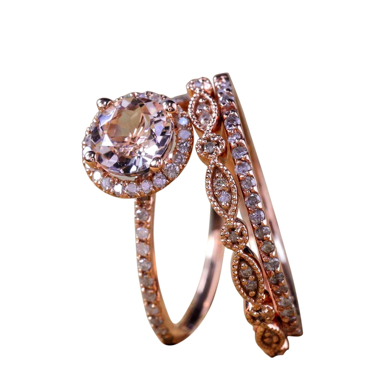 2 carat Real Morganite Diamond Trio Ring Set , 1 Halo Engagement Ring ...