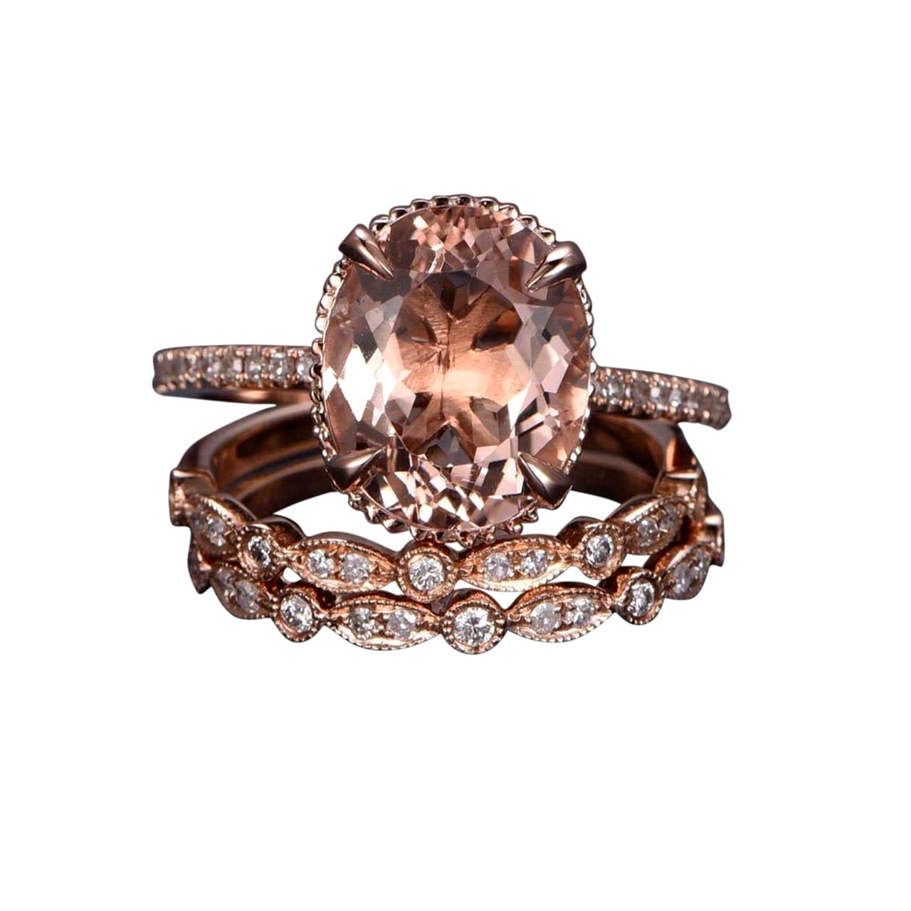 2 carat Real Morganite and Man made diamond moissanite Trio Ring Set ...