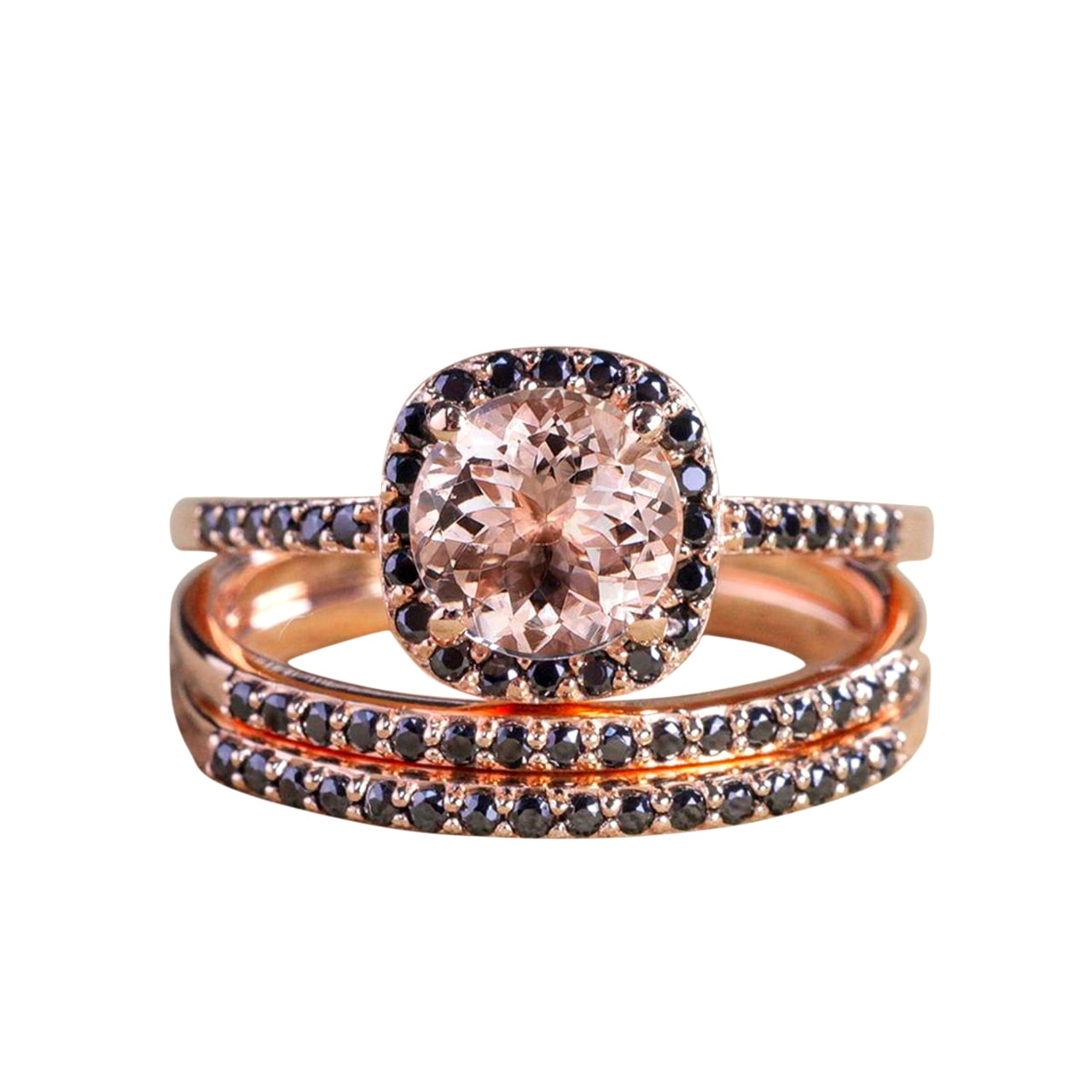 2 carat Round Cut Real Morganite Trio Wedding Set Bridal Ring Set ...