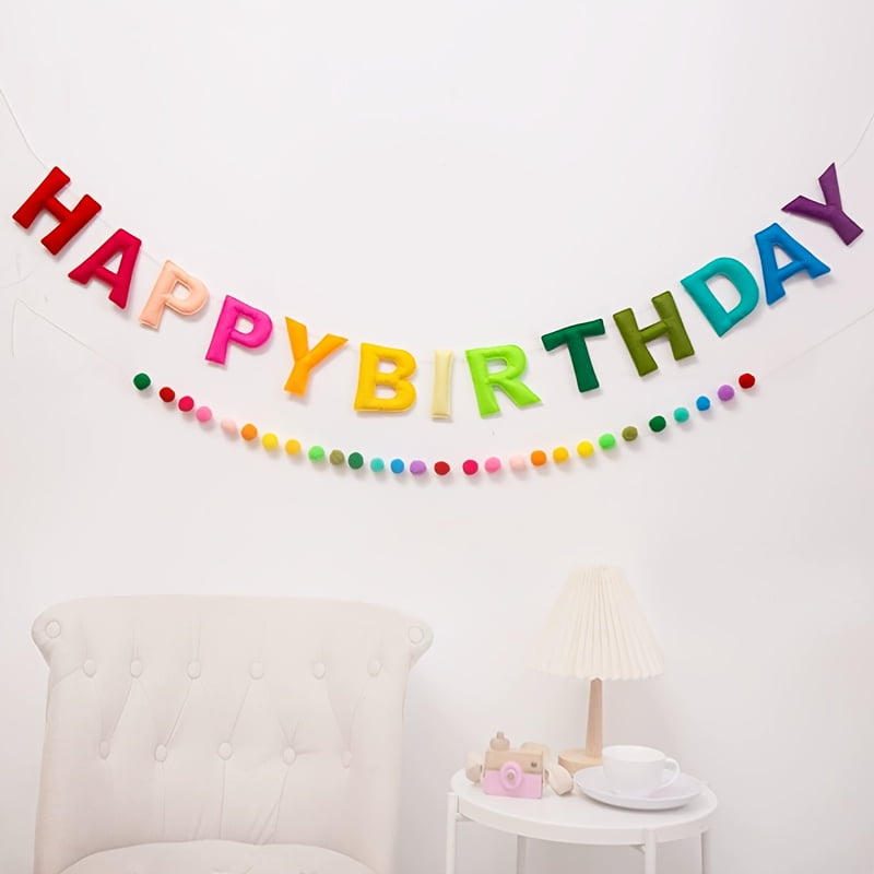 2 colorful pre strung Happy Birthday banner sets, with 28 felt balls ...