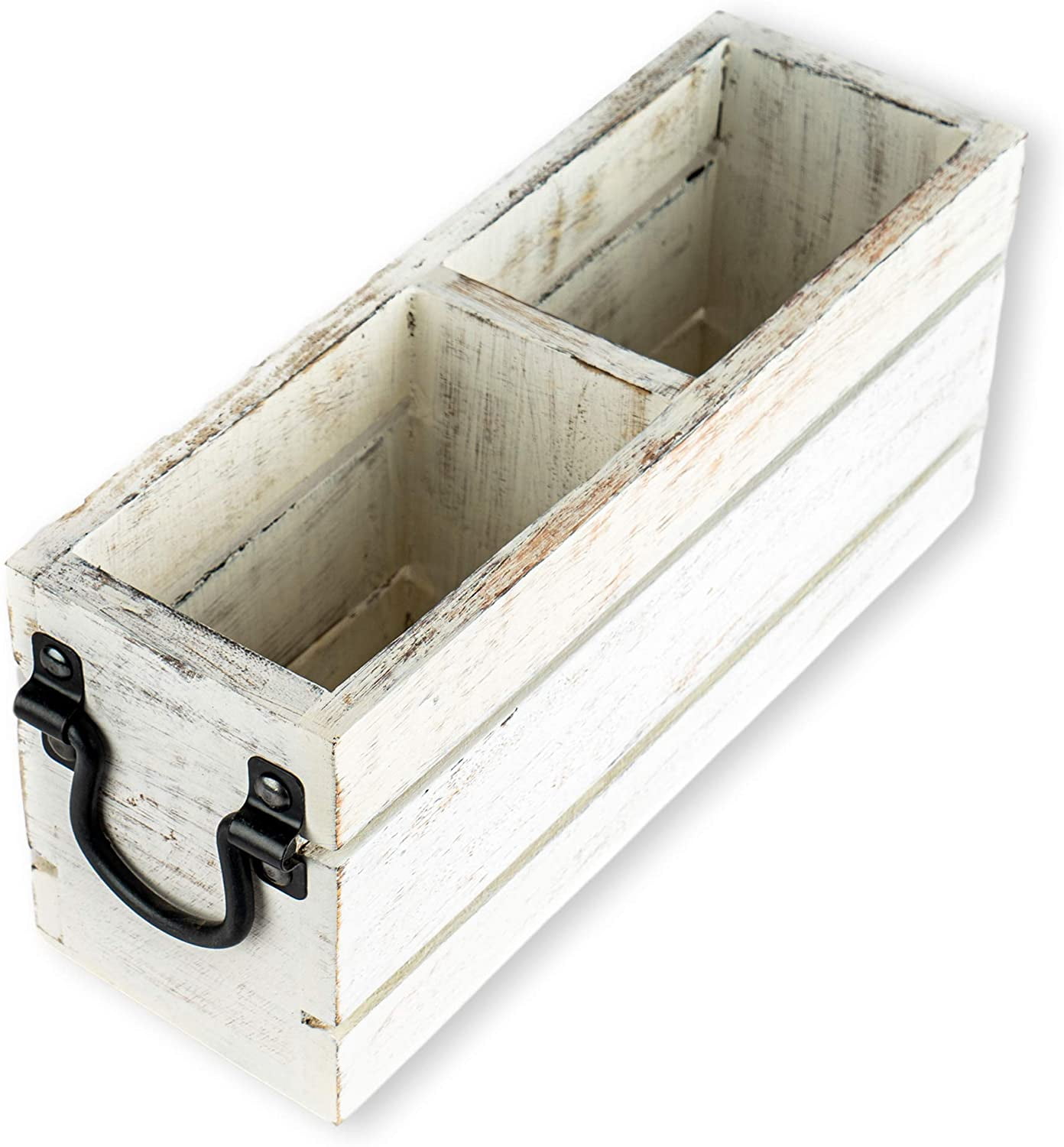 2-compartment wooden handle basket - country white painted organizer ...