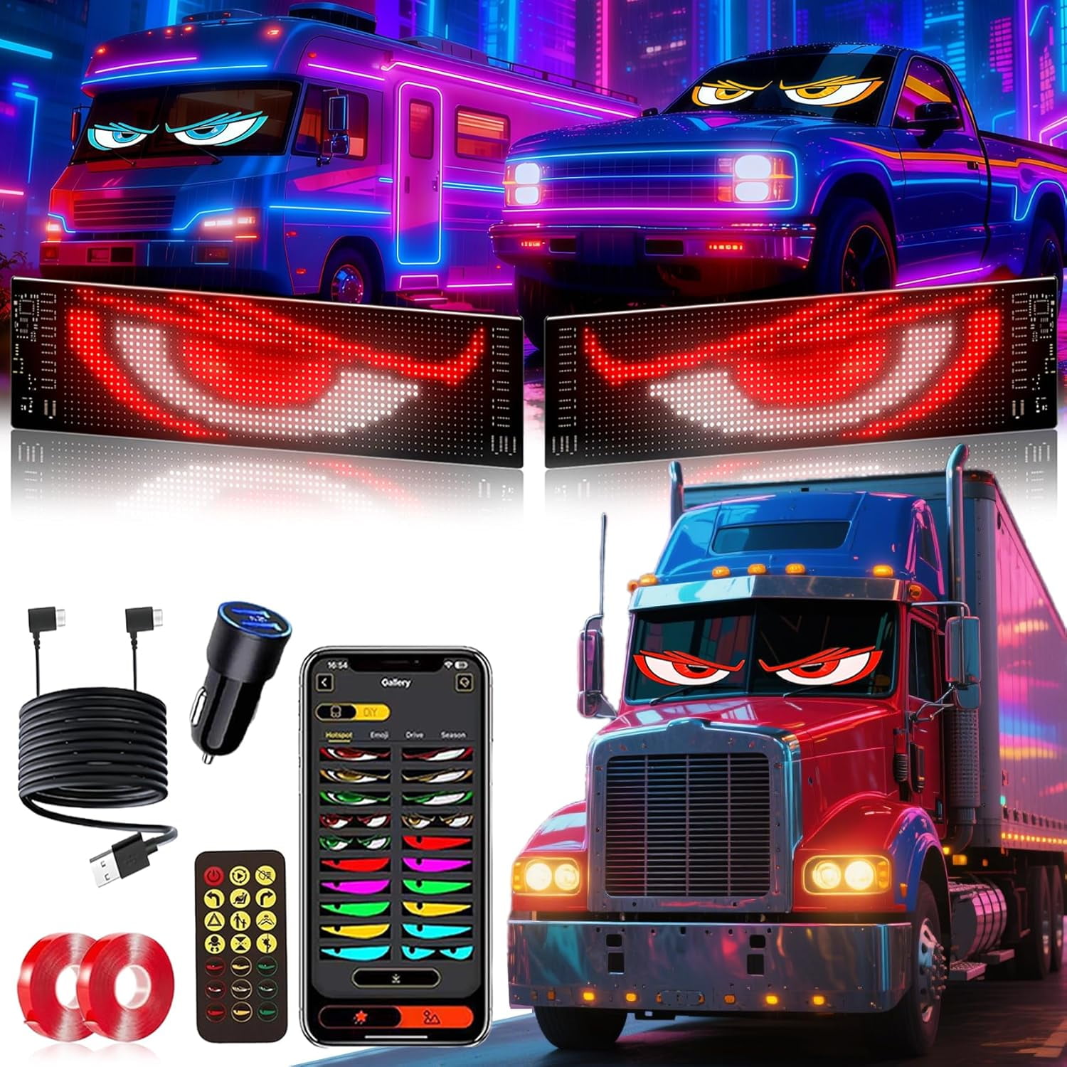2 count 23"x5" Devil Eyes Light for Windshield-Dual Screen Sync, Led ...