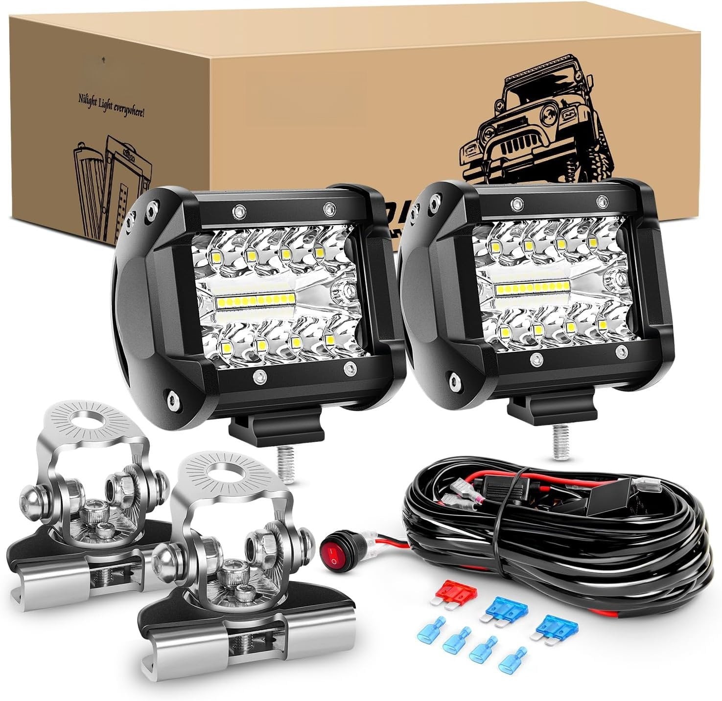 2 count 4Inch Triple Row Lights 60W Flood Spot Combo 6000LM Bar Driving ...