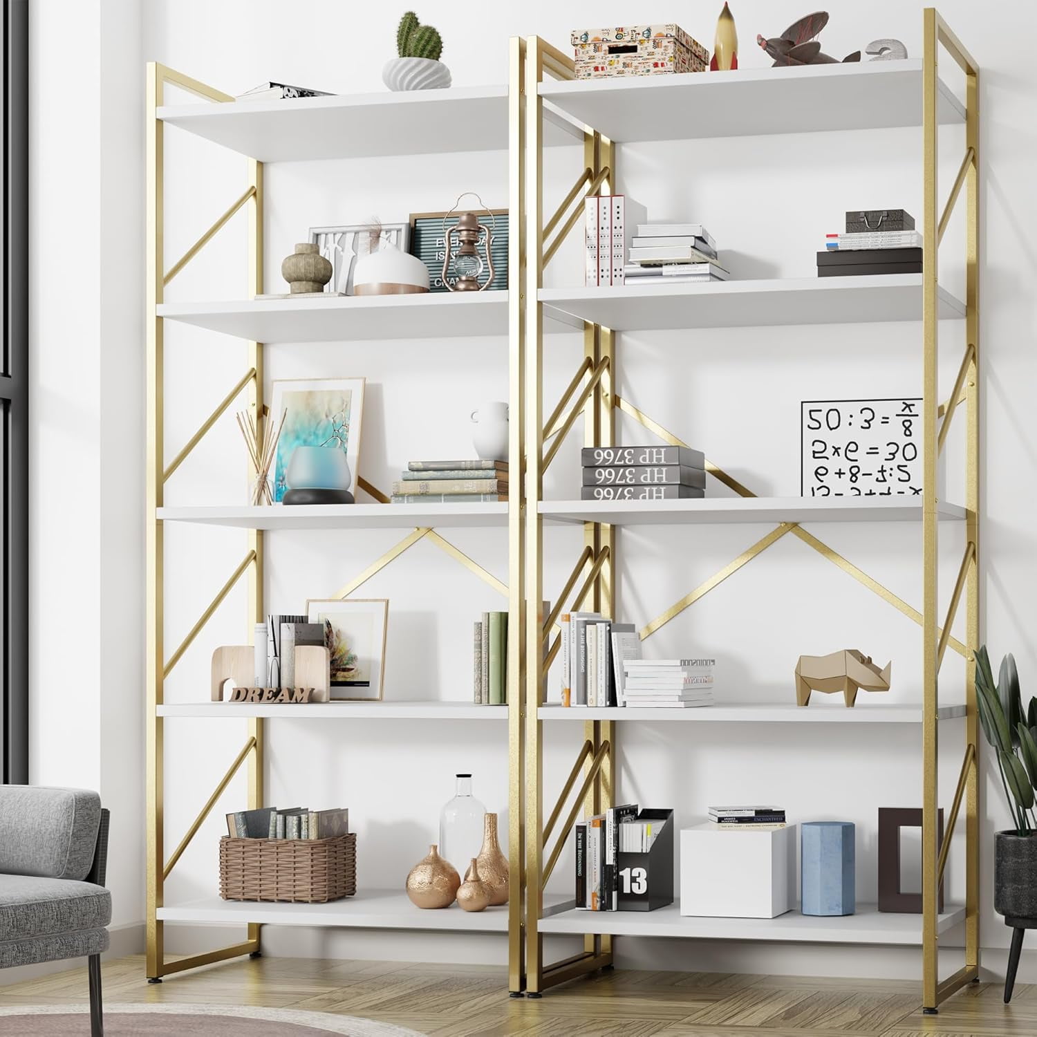 2 count 5 Tiers Bookshelf, Classically Tall Bookcase Shelf, Industrial ...