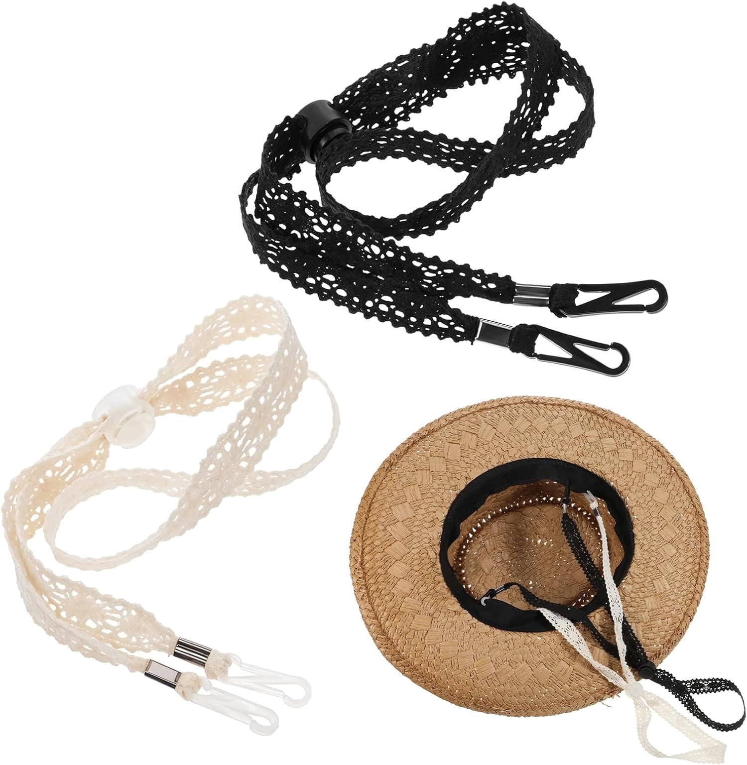 2 count Hat Straps for Wind, Adjustable Beige Black Chin Cord, Lace Sun ...