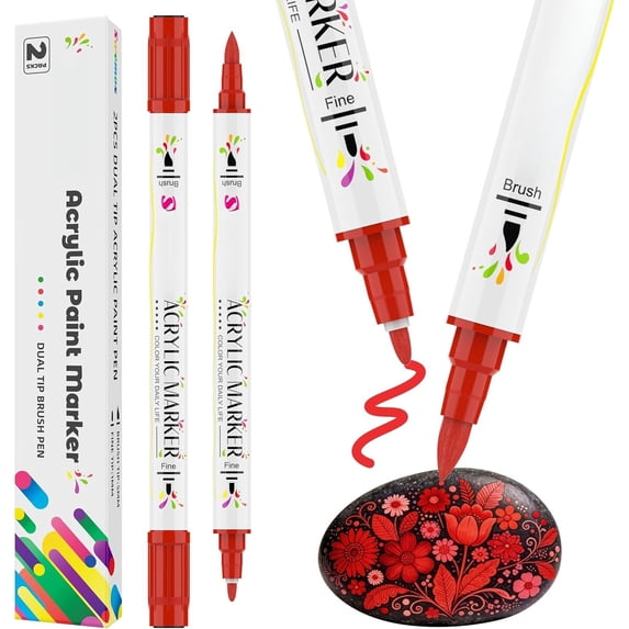2 count Red Pens Markers, Dual Tip with Fine Tip and Brush Tip Pens ...