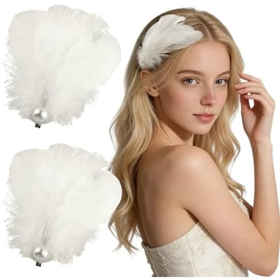 2 count White Hair Clips - Artificial Swan & Feathers with Faux , Hair ...