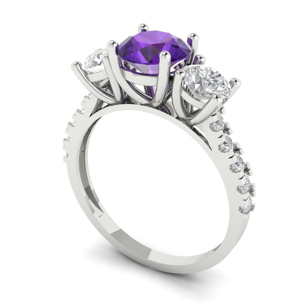 2 ct Brilliant Round Cut VVS1 Natural Amethyst 14k White Solid Gold Solitaire with Accents Three ...