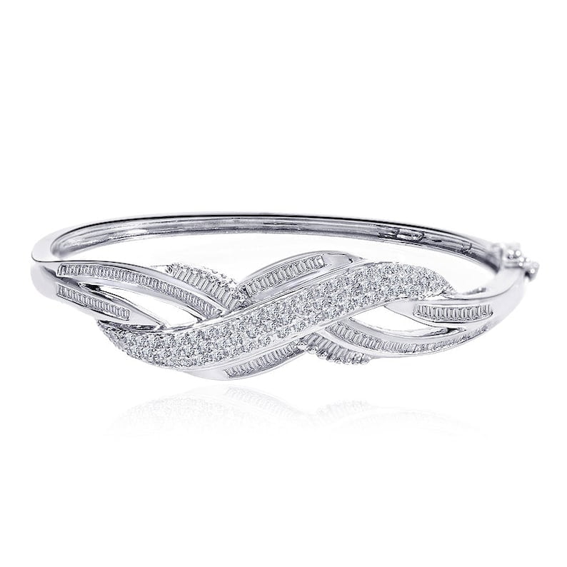 2 ct Lab Grown Diamond Bangle Bracelet, Baguette & Round Cut Bangle Bracelet, 14K White Gold ...