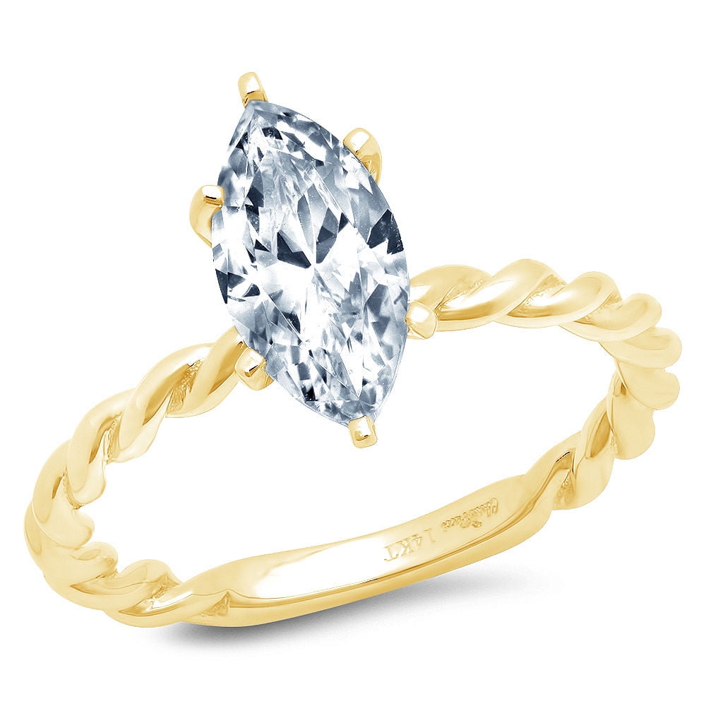 2 ct Marquise Cut Simulated Blue Diamond Solitaire 14K Yellow Gold Womens Engagement Ring ...