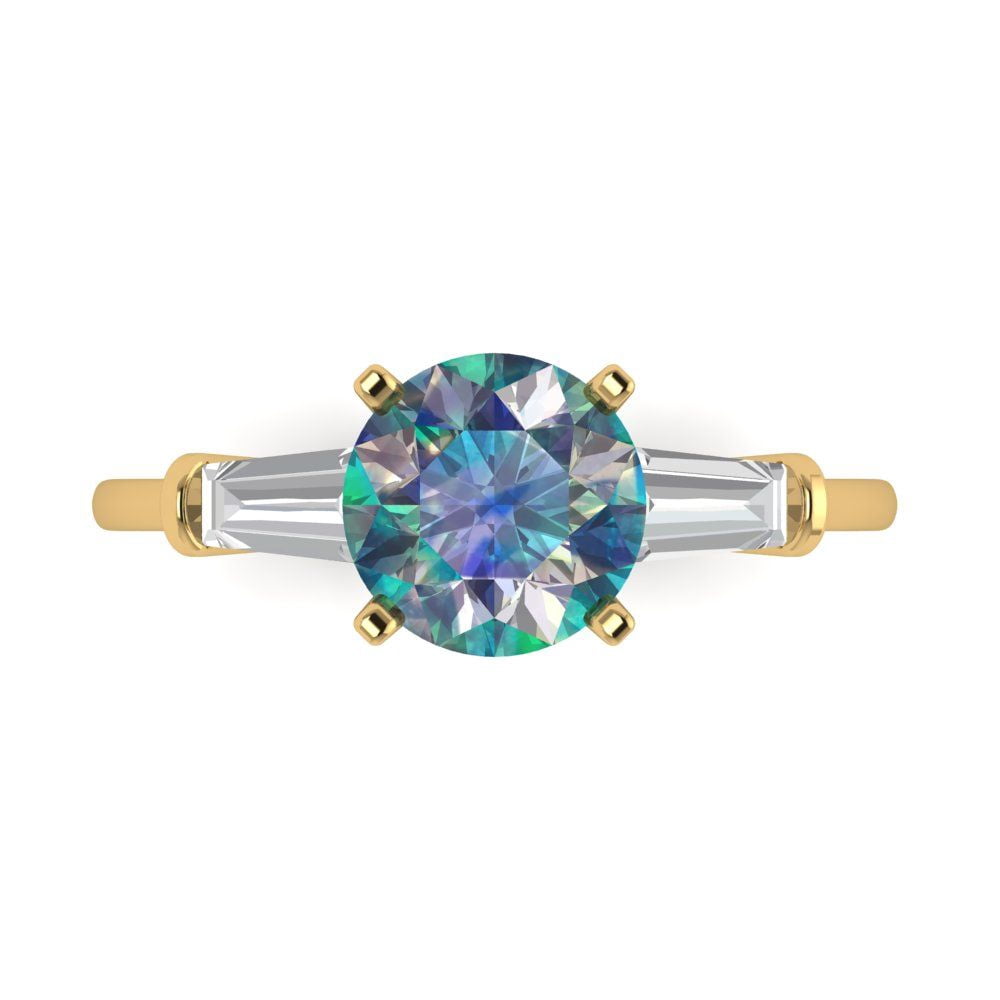 2 ct Round Cut Blue Moissanite 3 Stone 14K Yellow Gold Womens ...