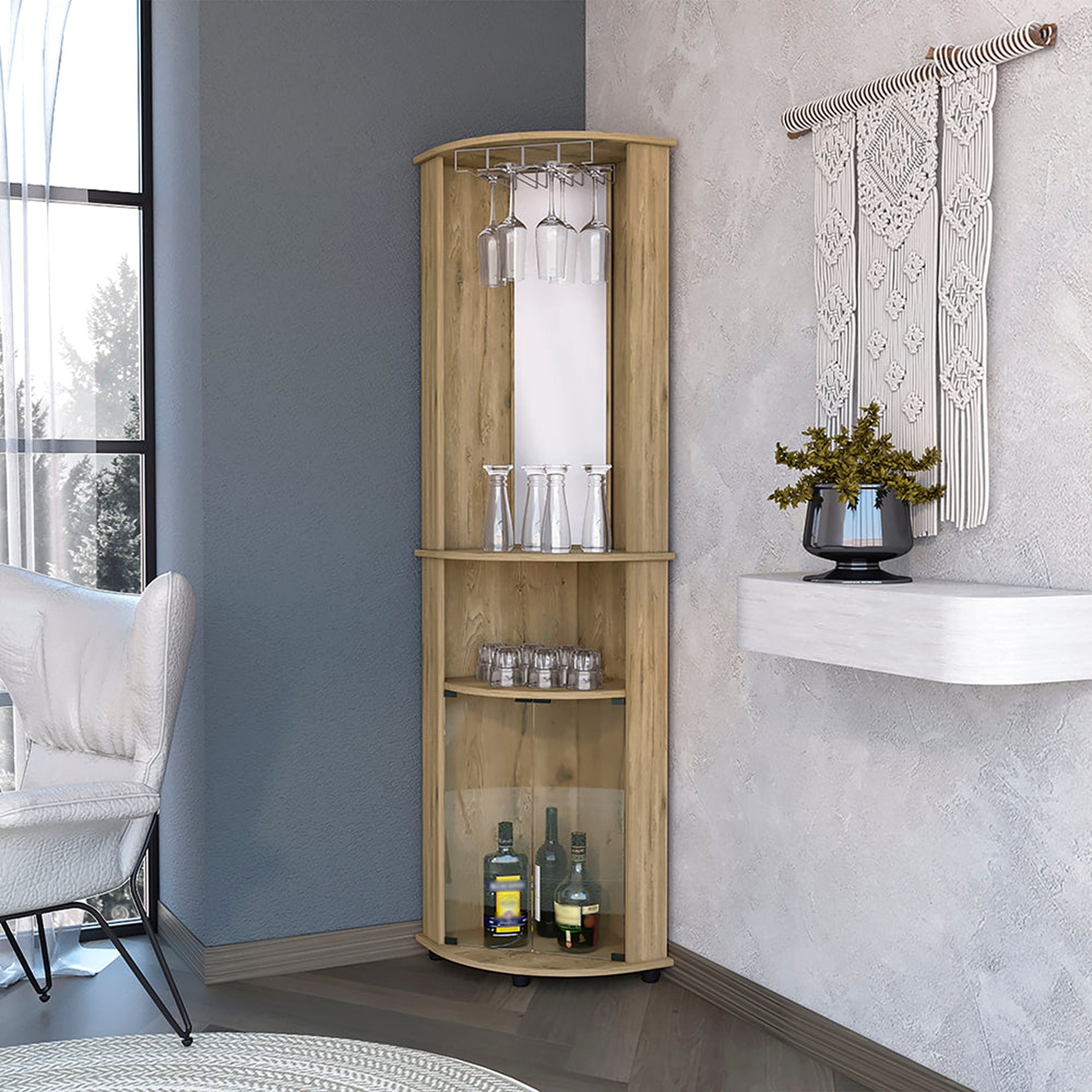 2-door 2-shelf Corner Bar Cabinet, With Glass Rack, Mirrored Top, 3 ...