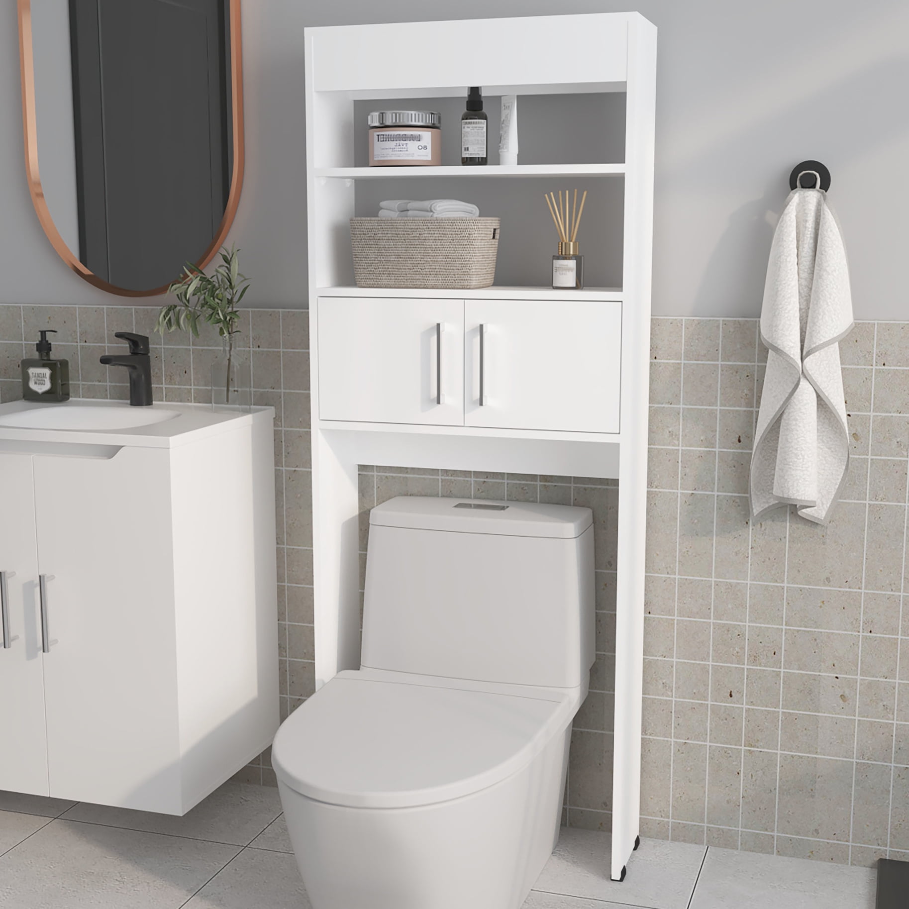 2-door Over- Bathroom Cabinet, White - Space Optimization Solution 3 Shelves Scratch- 63" H X 24 ...