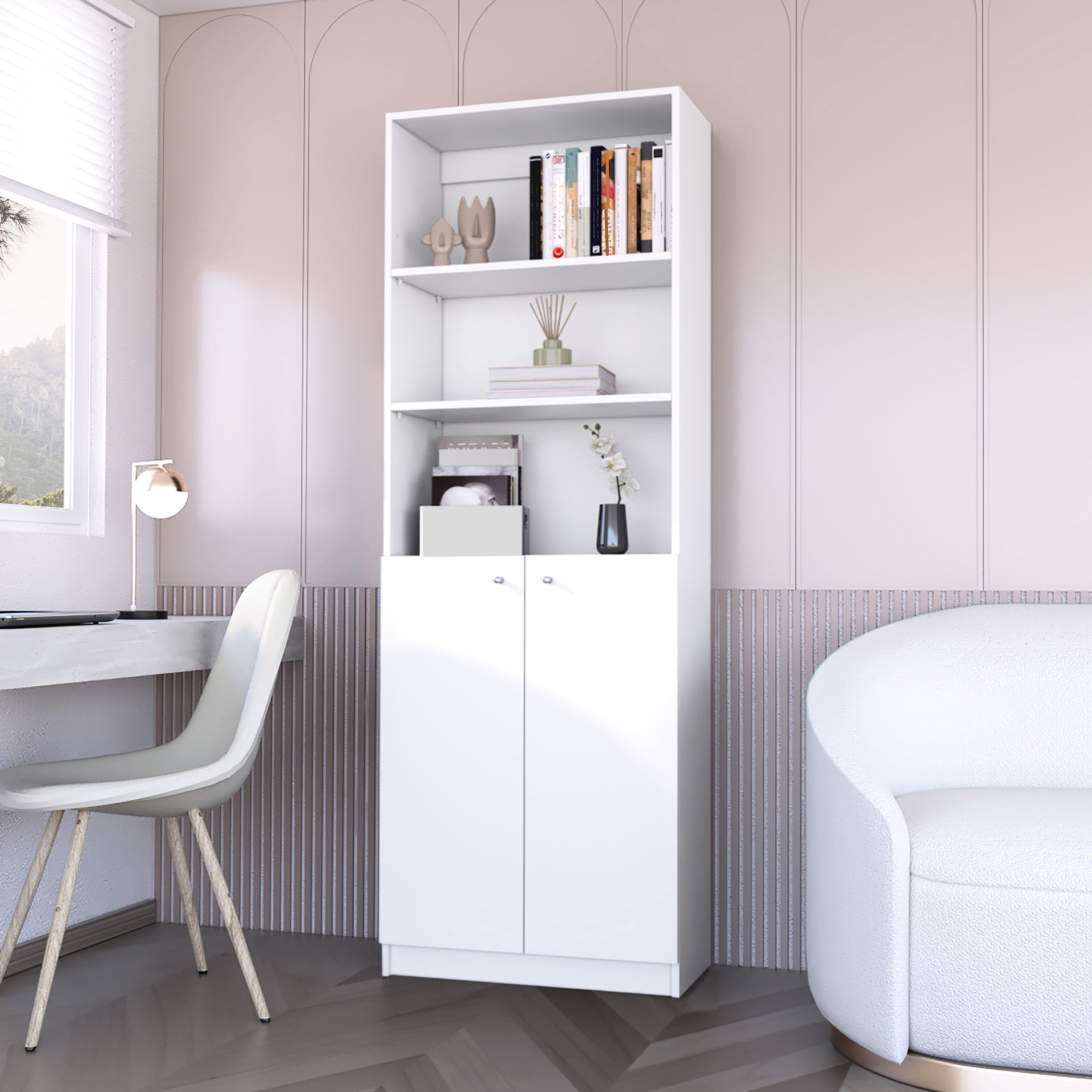 2-door White Bookcase With Multi-level Shelves For Orderly Storage ...