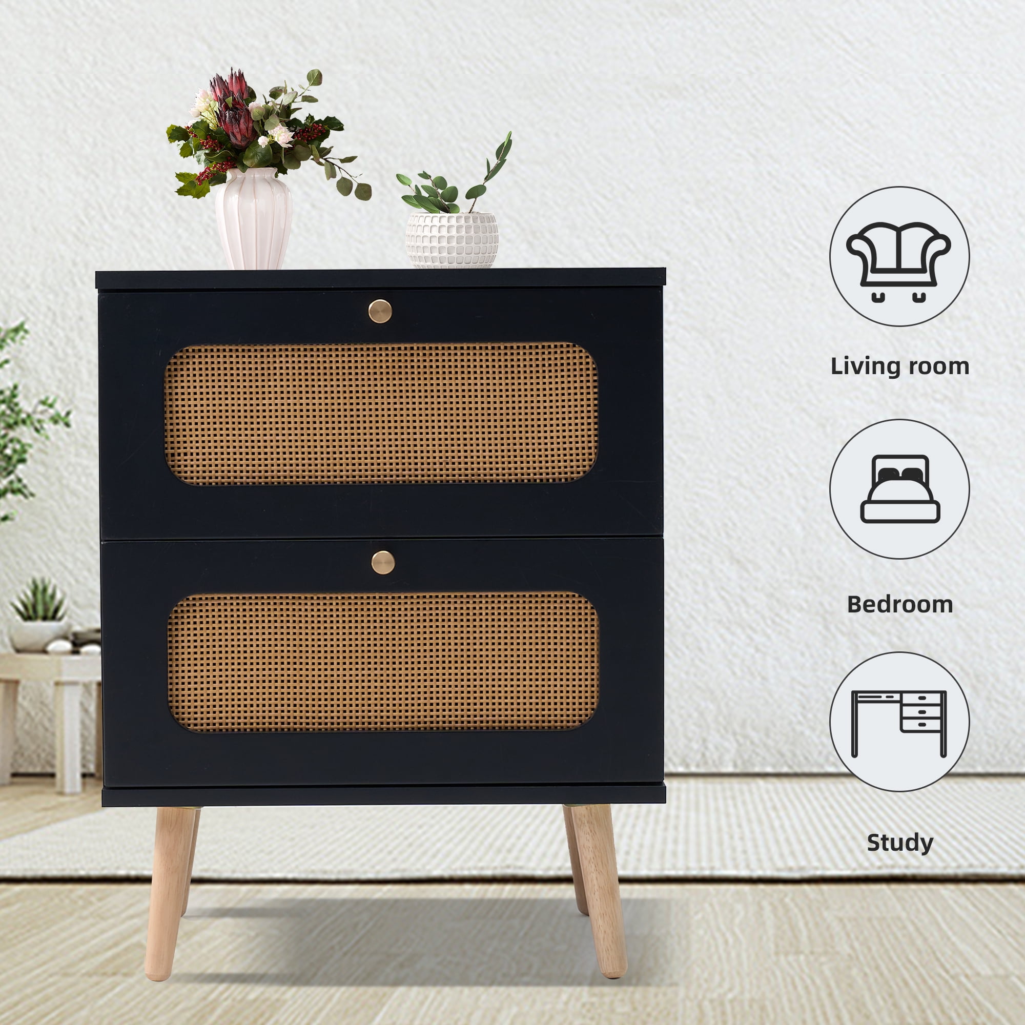 2-drawer Rattan Nightstand for Bedroom and Living Room, End Table, Side ...