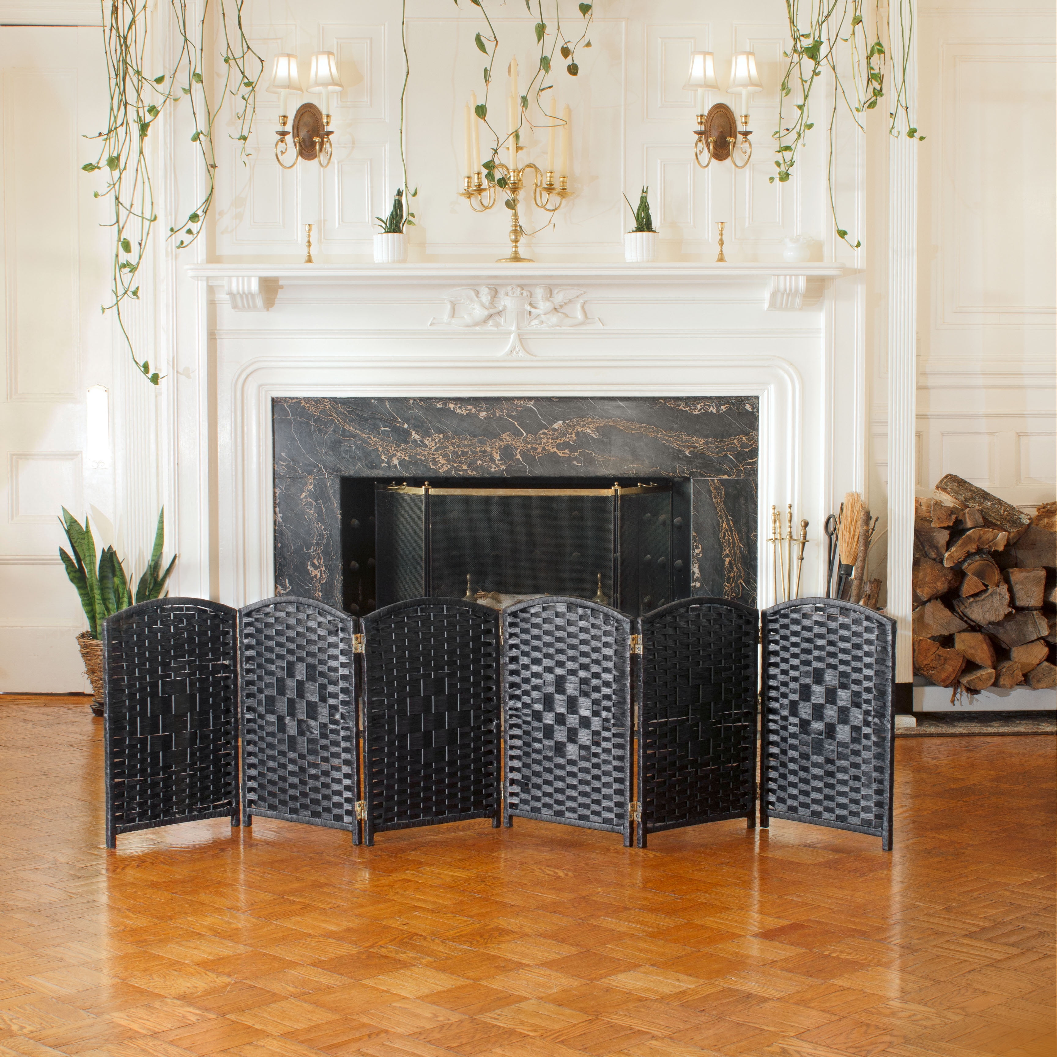 2 ft. Short Diamond Weave Fiber Folding Screen - Black - 6 Panel ...