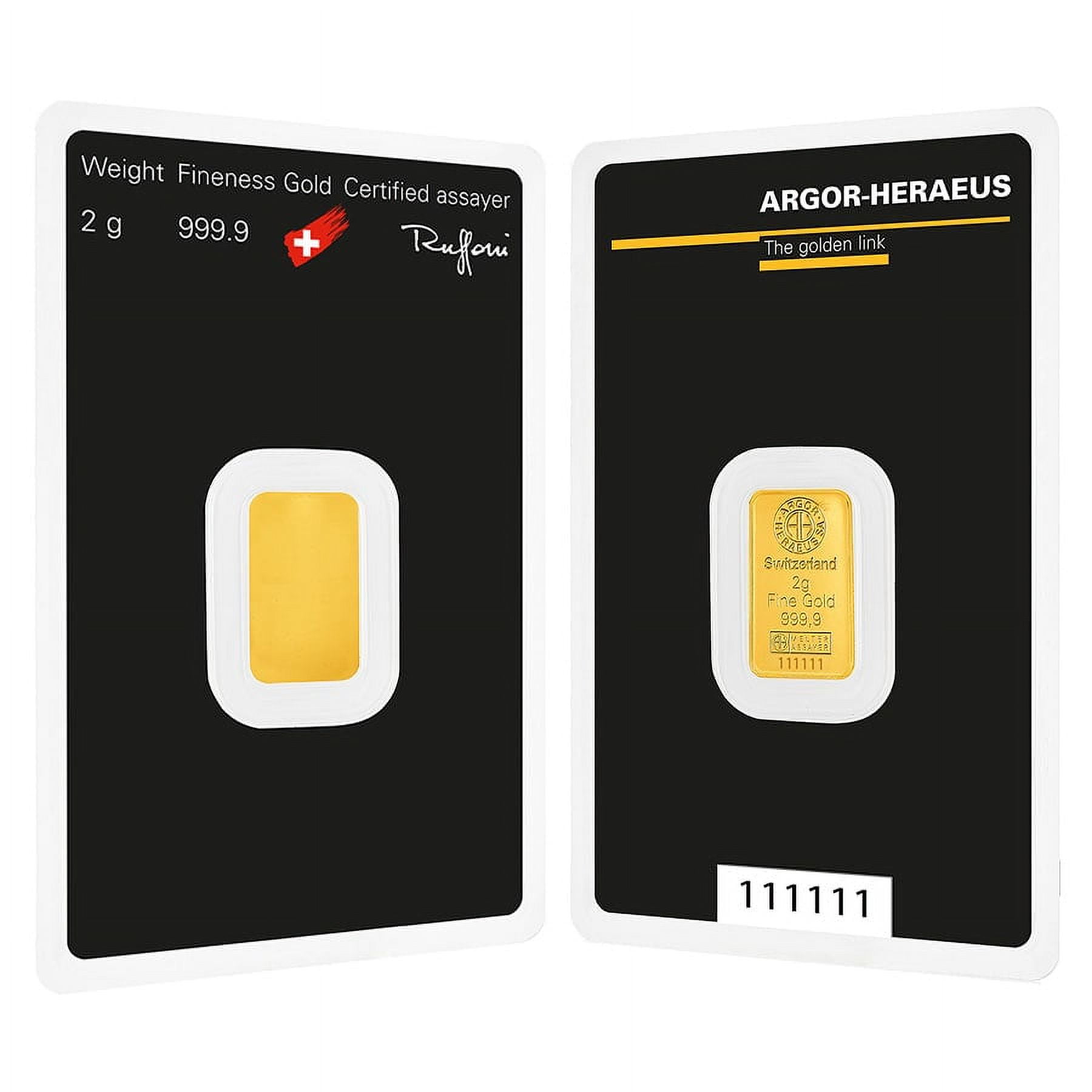 Argor Heraeus 2g Gold Bar .9999 Fine in Assay Card, New, High-Purity ...