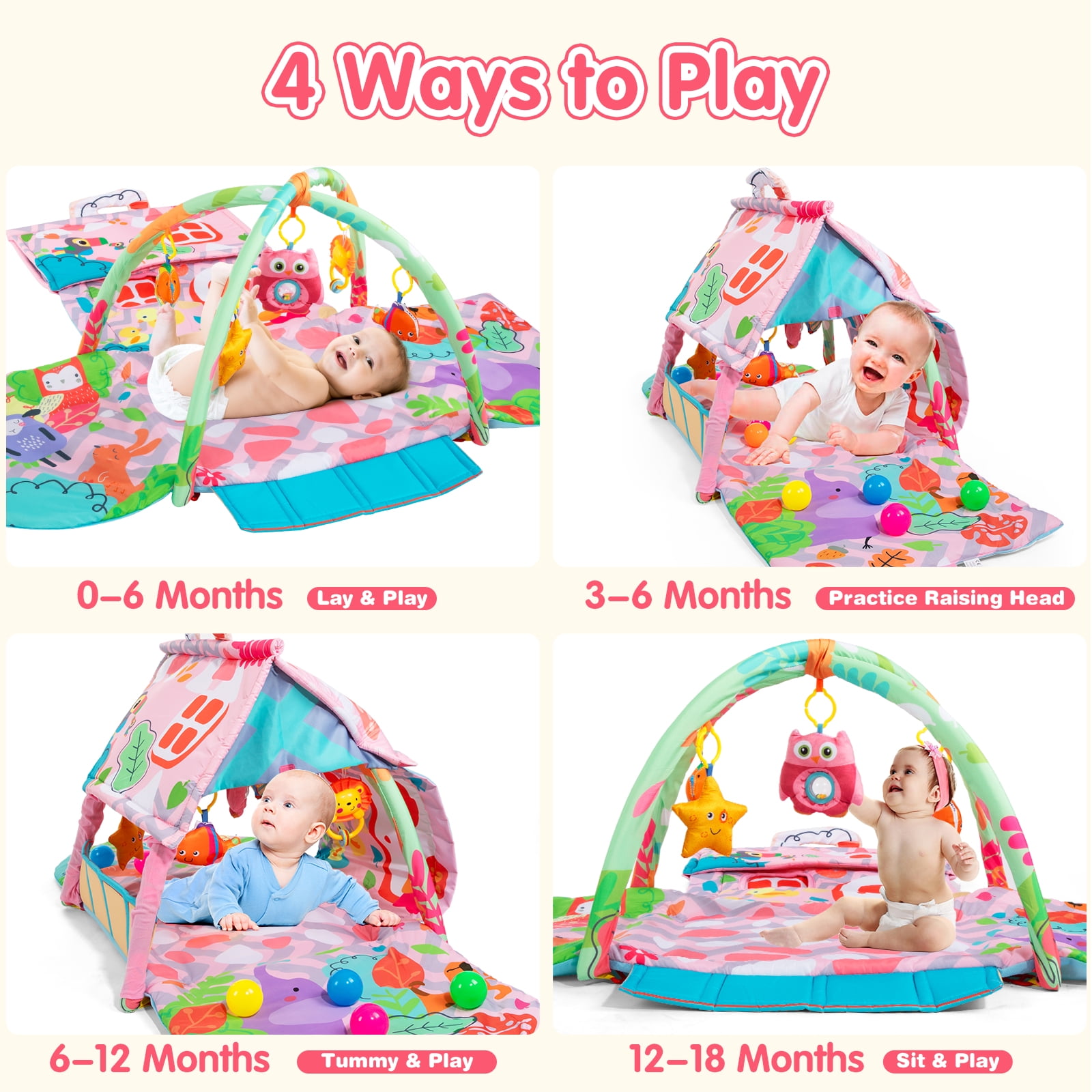 2-in-1 Baby Play Gym Mat, Tummy Time Activity Mat with 5 Toys for Stage ...