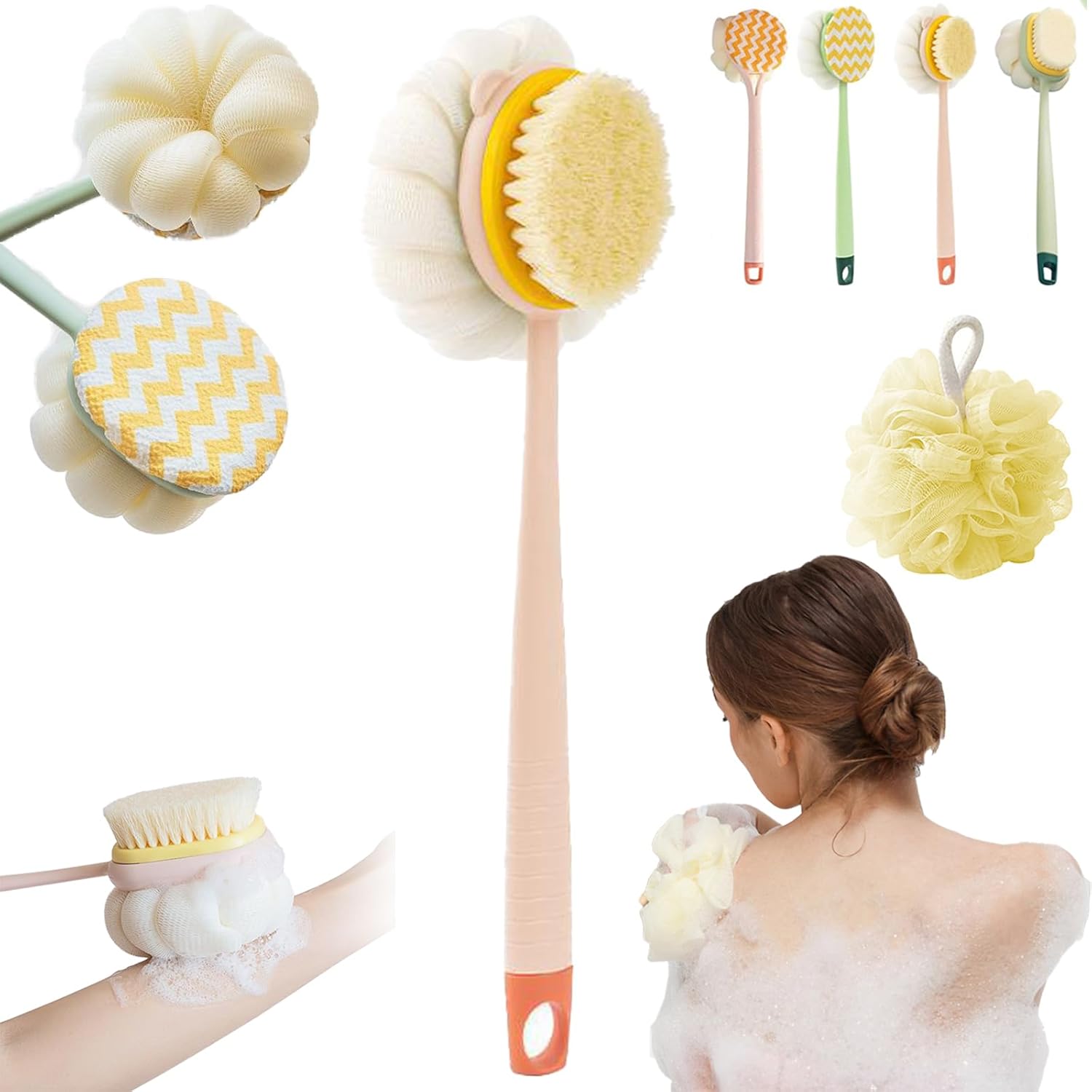 2-in-1 Bath Scrubber & Back Brush–Extra Long Handle, Soft Bristles ...
