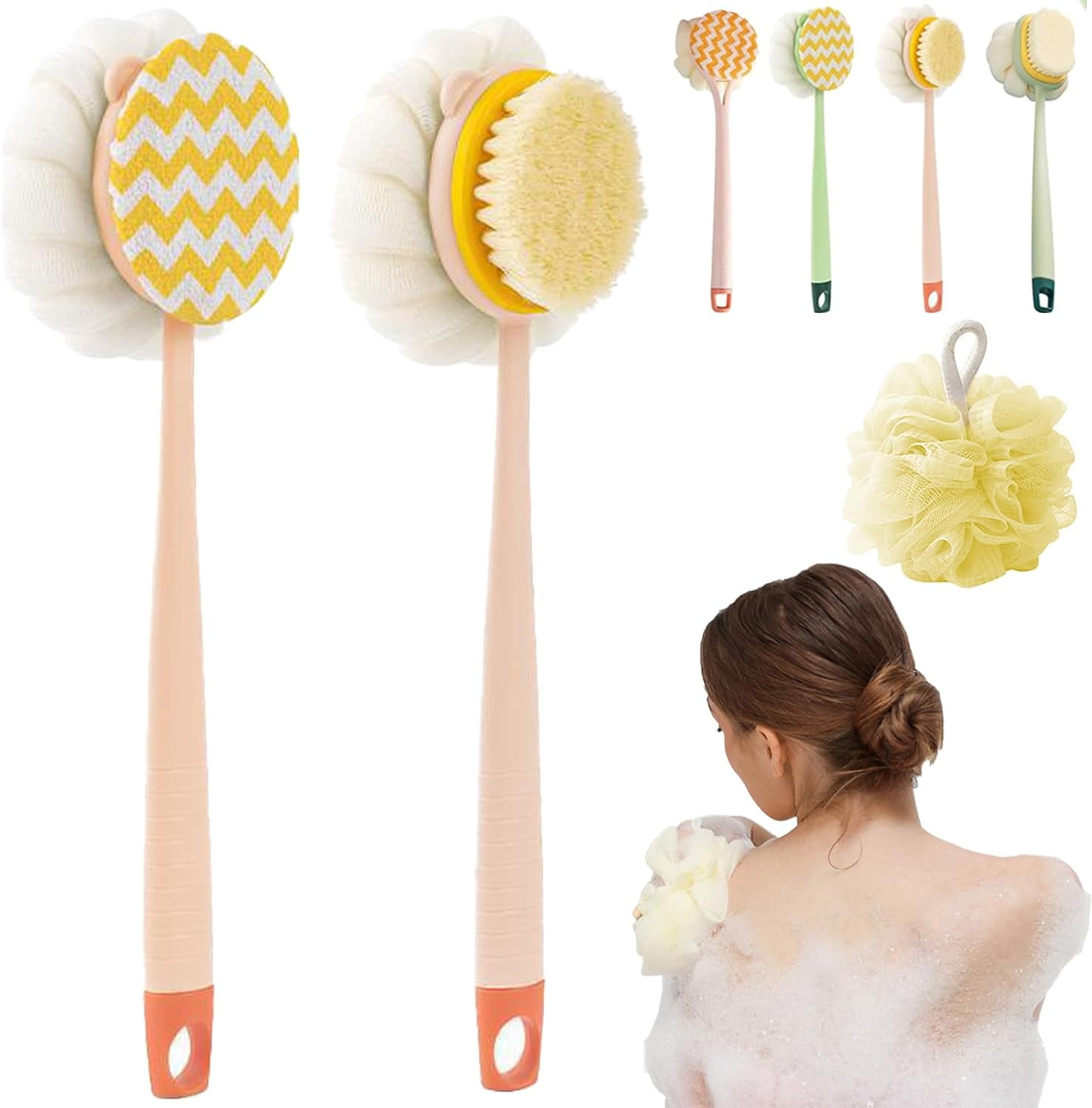 2-in-1 Bath Scrubber & Back Brush–Extra Long Handle, Soft Bristles ...