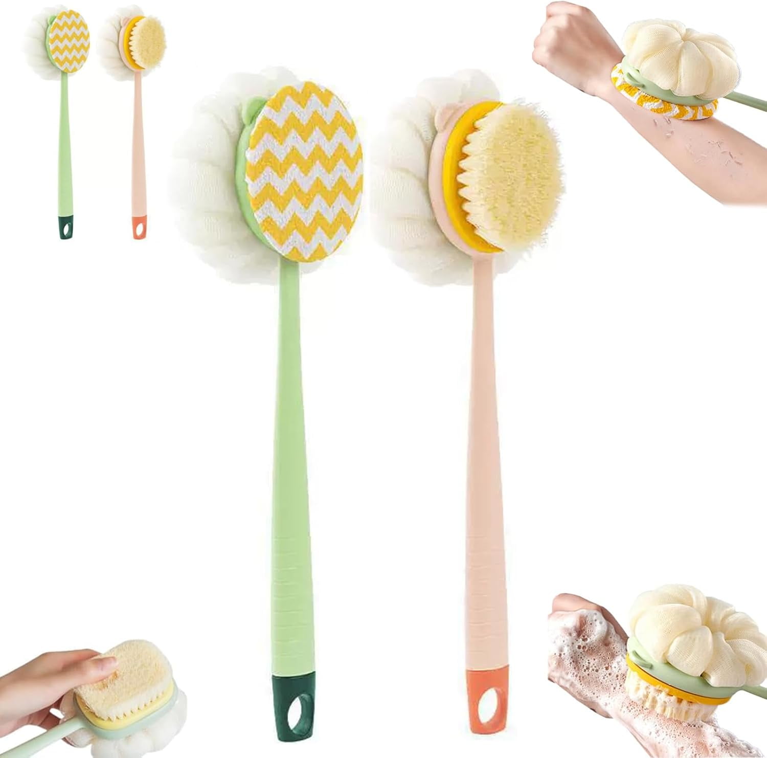 2-in-1 Bath Scrubber & Back Brush – Extra Long Handle, Soft Bristles ...