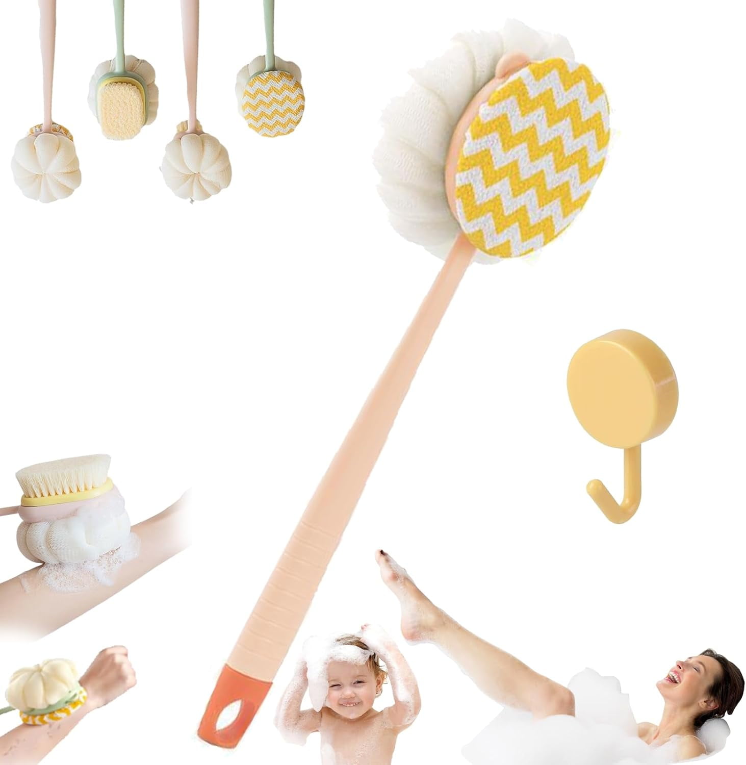 2-in-1 Bath Scrubber & Back Brush – Extra Long Handle, Soft Bristles ...