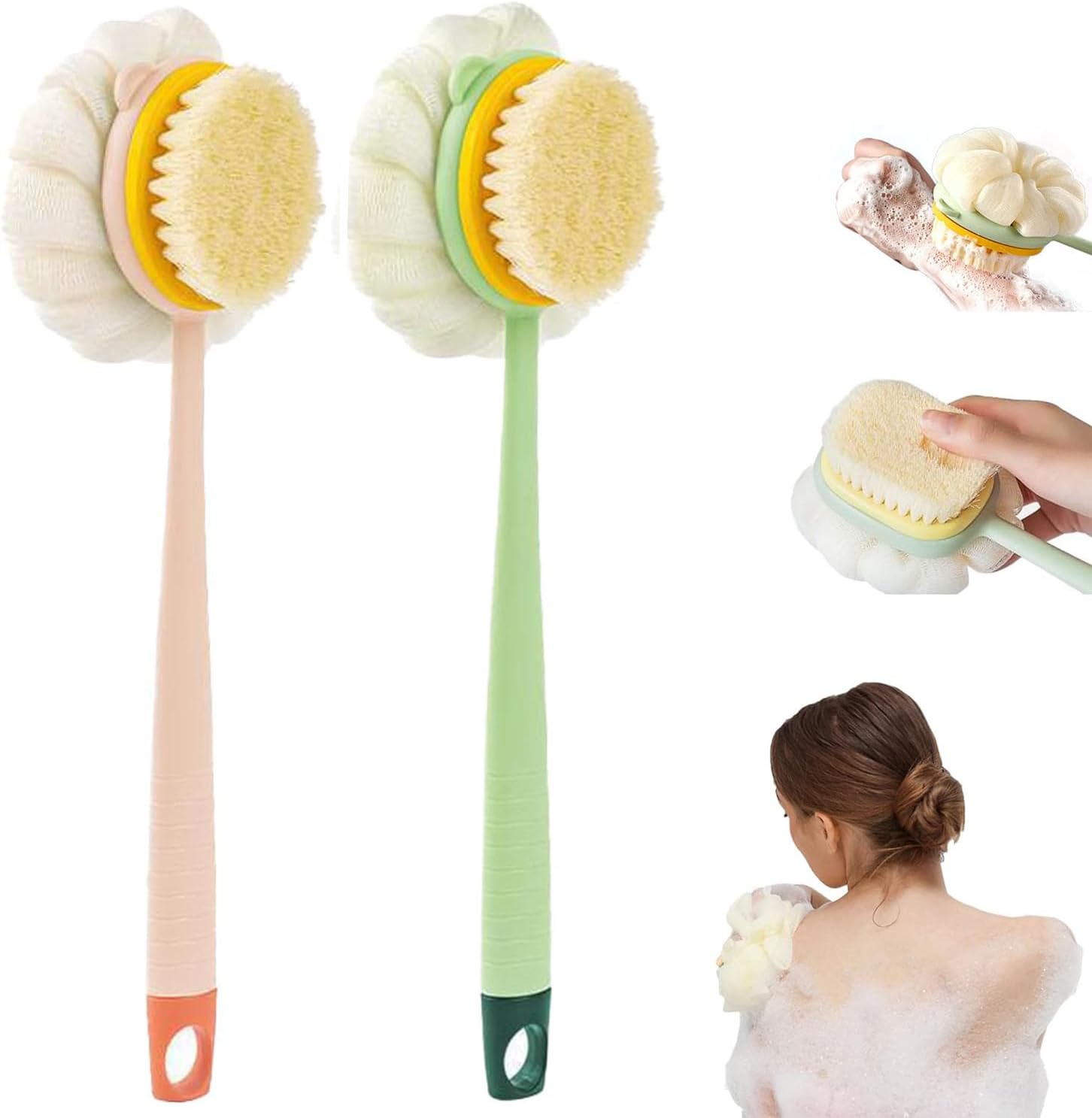 2-in-1 Bath Scrubber & Back Brush,Extra Long Handle with Soft Bristles ...