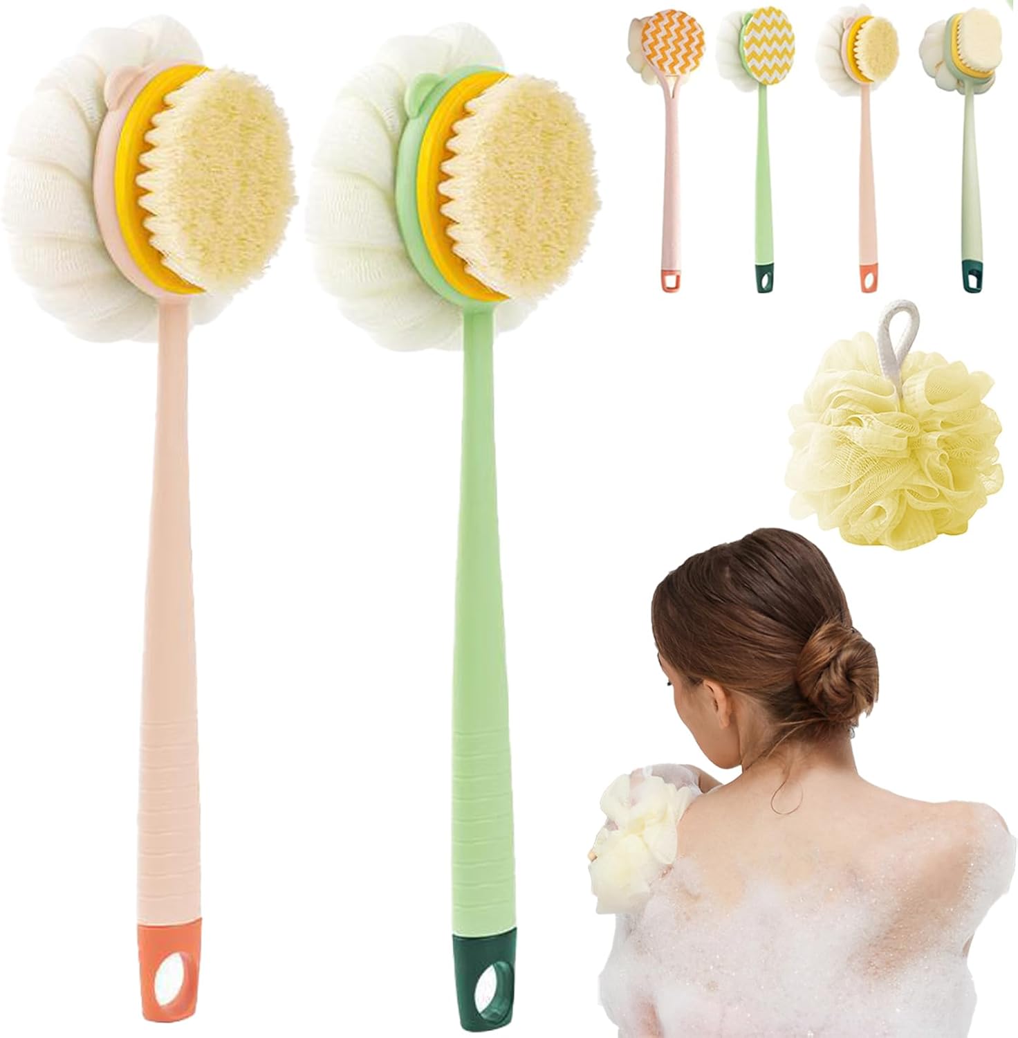 2-in-1 Bath Scrubber & Back Brush–Extra Long Handle,Stiff and Soft ...