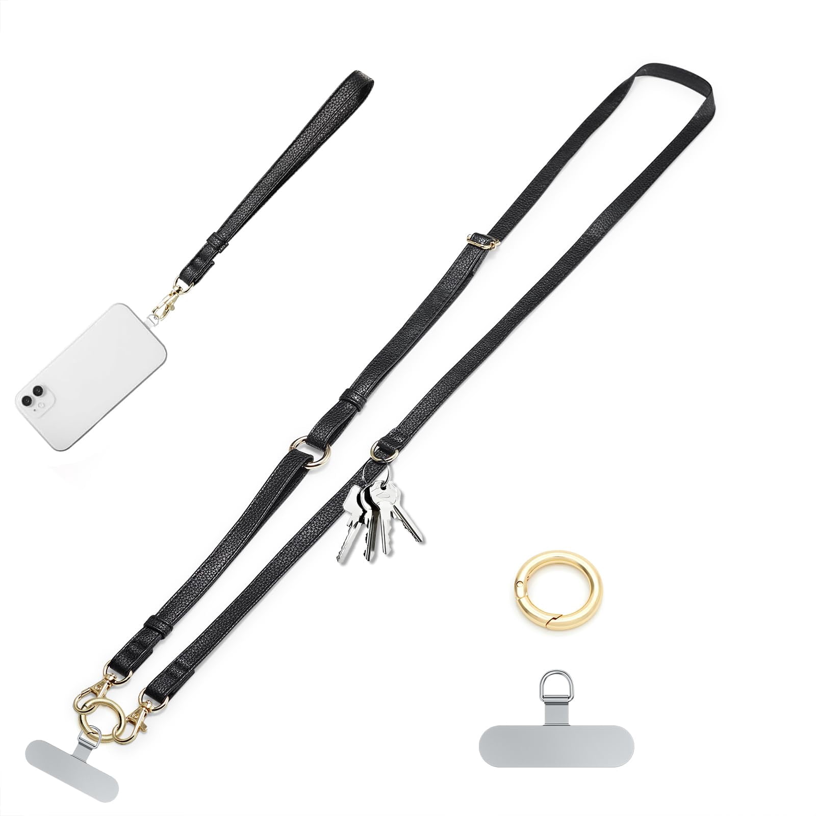 2-in-1 Black Leather Phone Wrist and Neck Crossbody Strap - Walmart.com