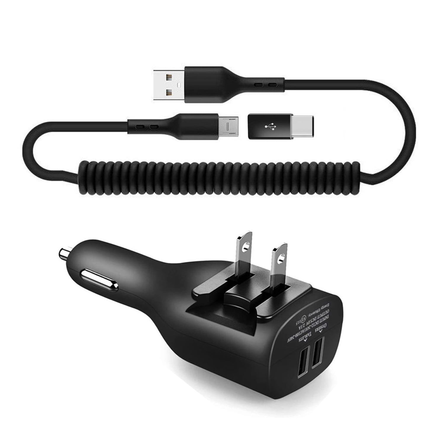 2-in-1 Car Home Charger for TCL Flip 4 5G - Coiled USB Cable Micro-USB ...