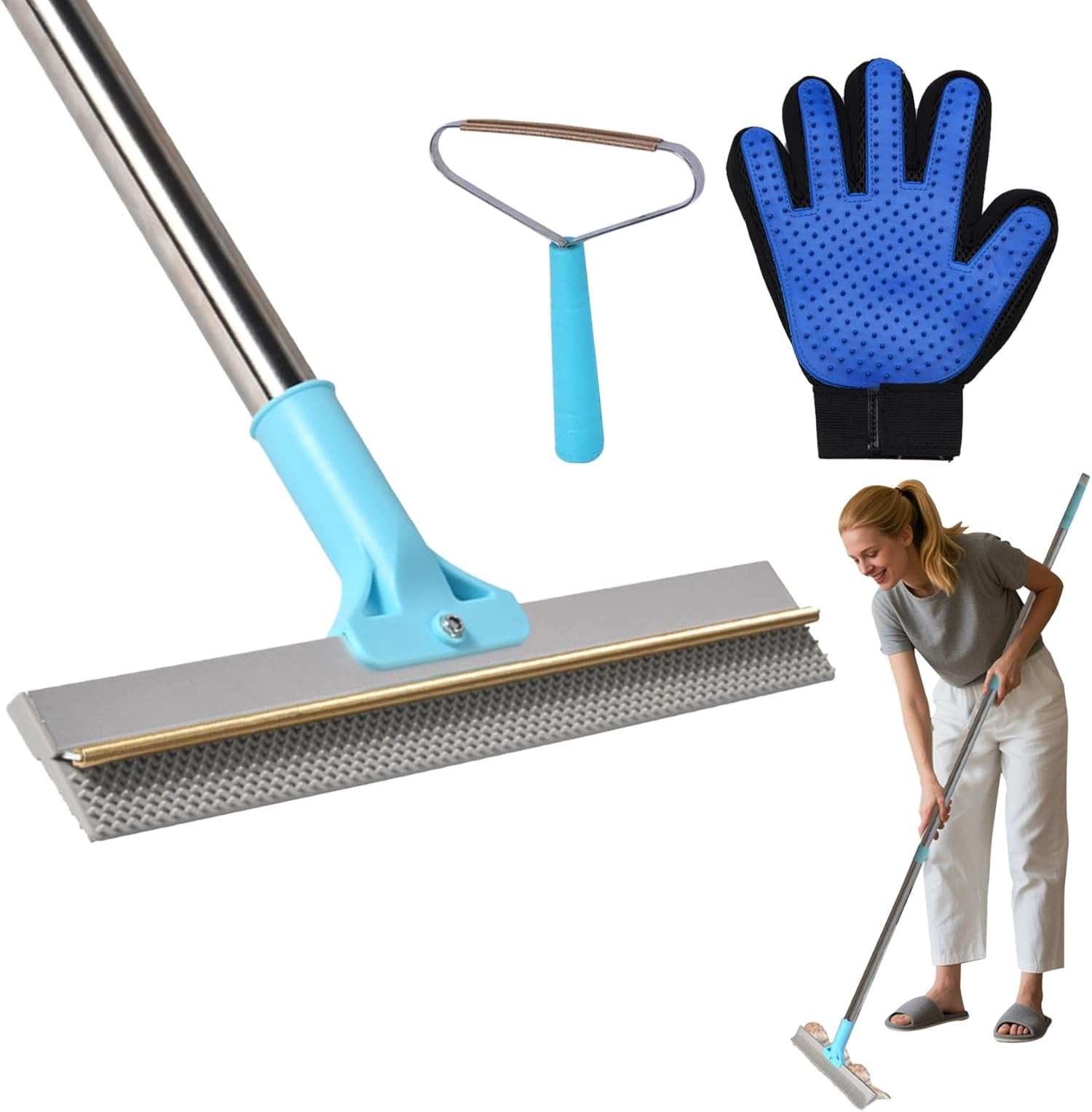 2 in 1 Carpet Rake for 54" Long Handle Rug Rake Hair Remover Broom with ...