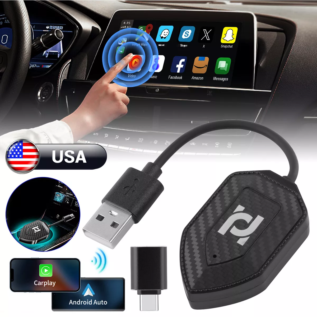 2 in 1 Carplay Wireless Adapter For Apple Android Auto Plug Play Car ...