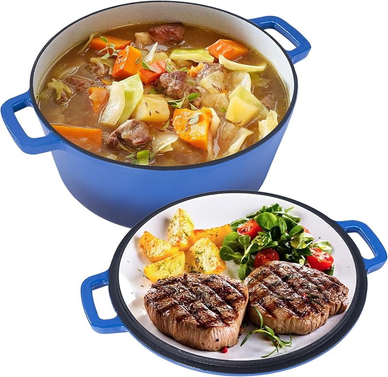 2-in-1 Cast Iron Dutch Oven, 6 QT Deep Pot with Lid, Pre-Seasoned Round Pot for Baking Cooking ...