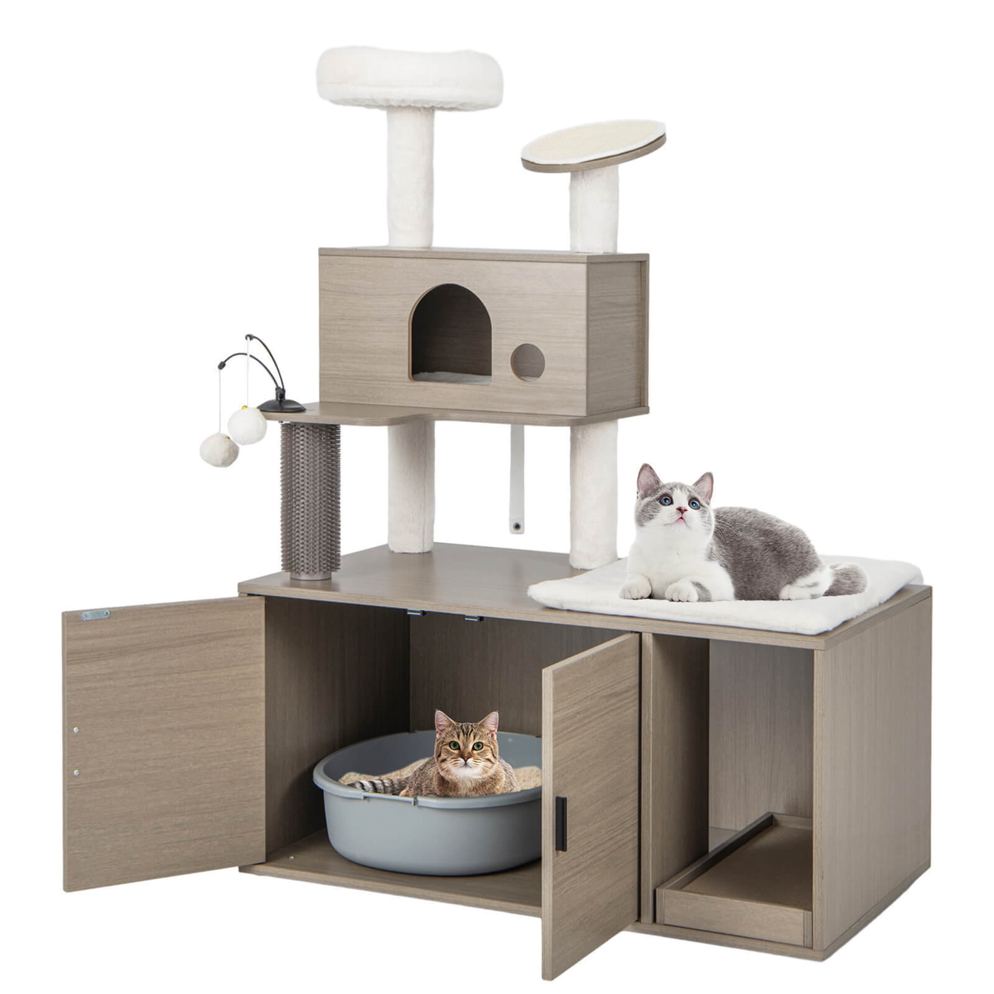 Gymax Cat Tree with Litter Box Enclosure 2-in-1 Modern Cat Tower with ...