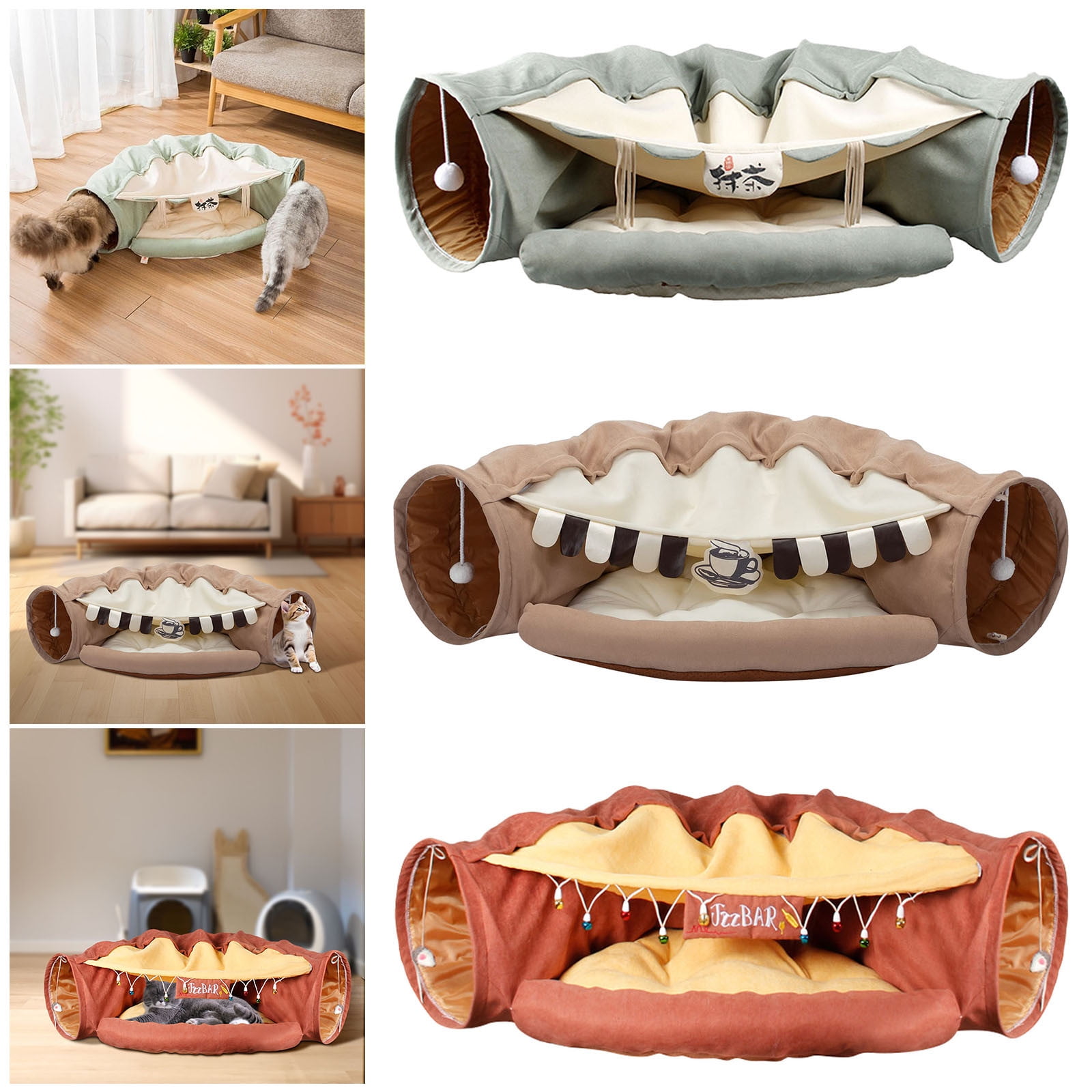 2-in-1 Cat Tunnel Bed with Collapsible Design, Removable Mat, and Built ...