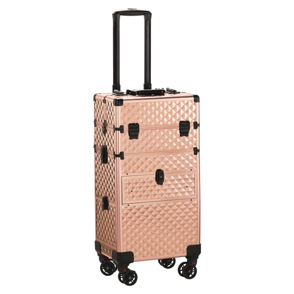 2-in-1 Champagne Gold Makeup Case, Diamond-Patterned Aluminum, Sliding ...