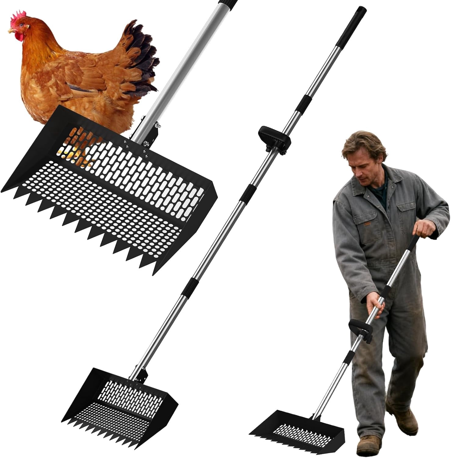 2-in-1 Chicken Poop Scooper & Chicken Coop Rake, Adjustable Stainless ...
