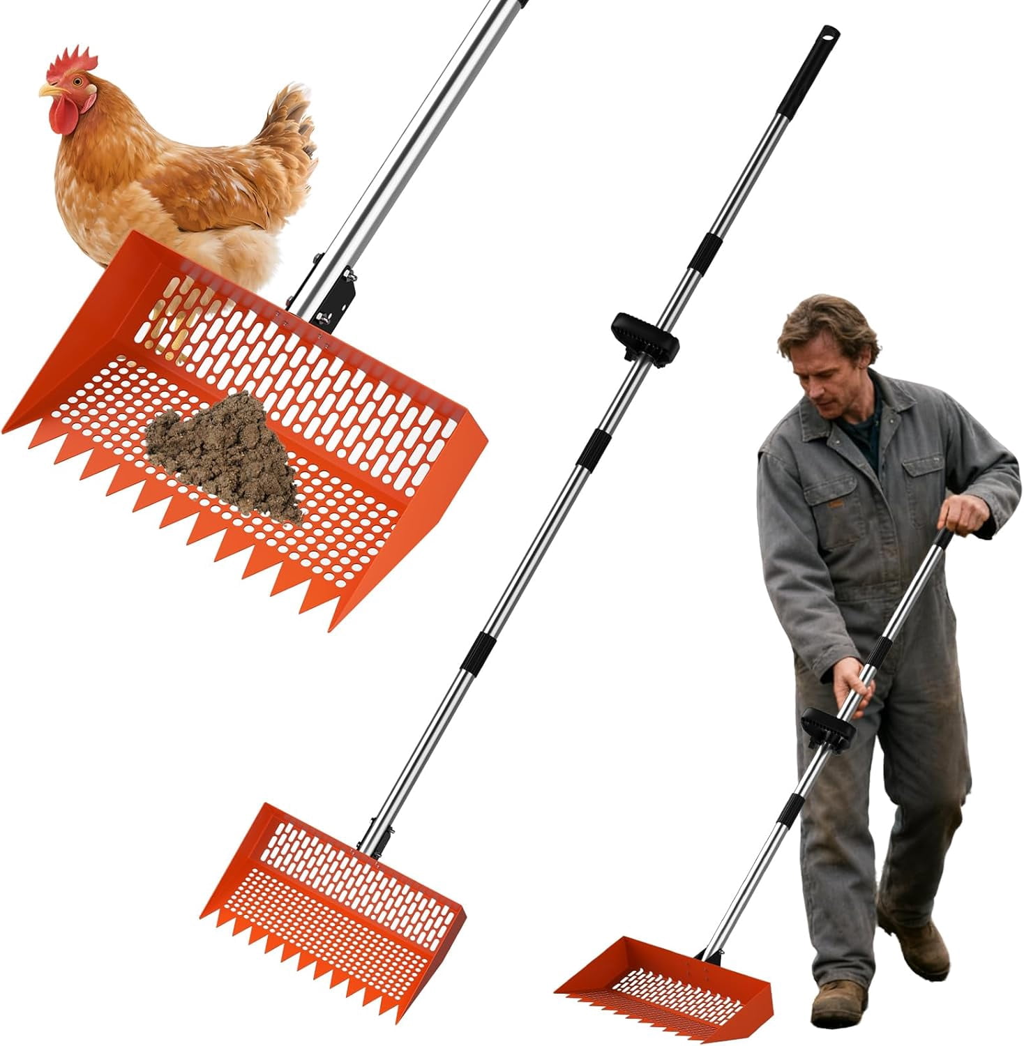 2-in-1 Chicken Poop Scooper & Chicken Coop Rake, Adjustable Stainless ...