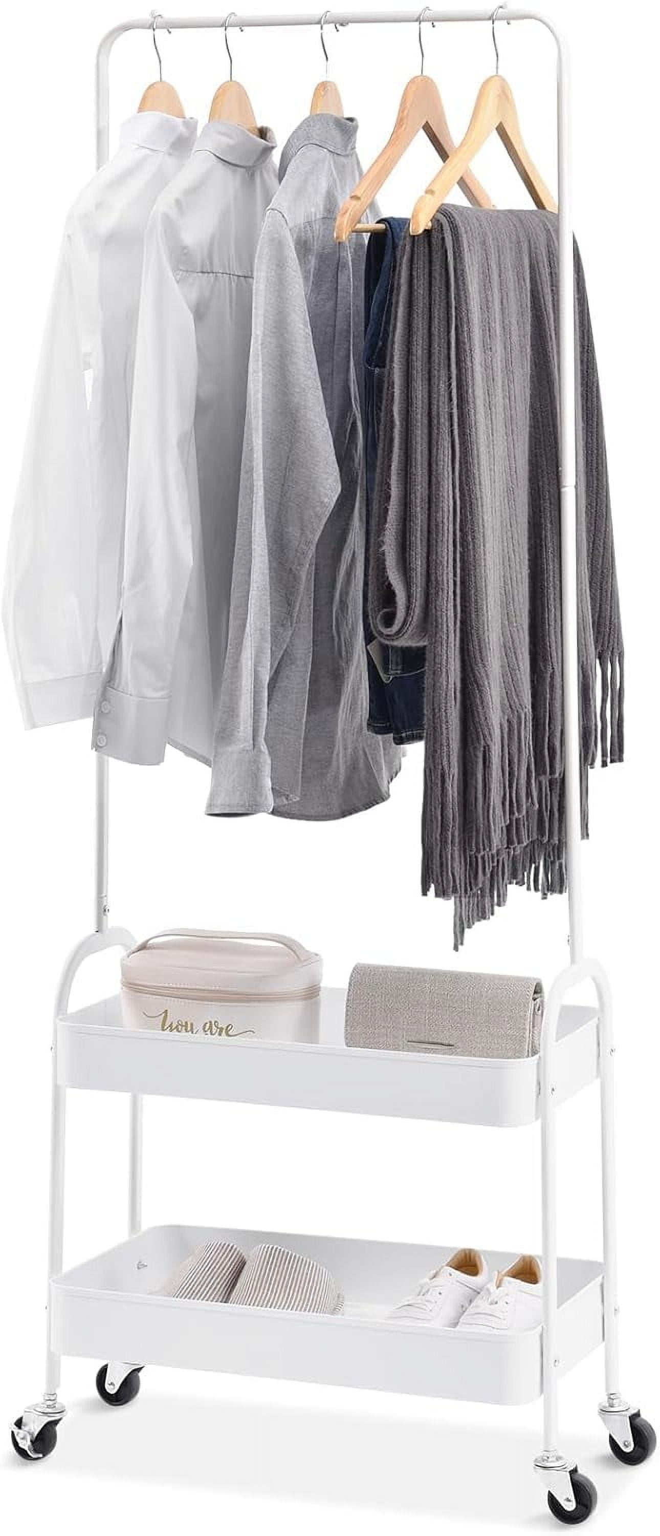2-in-1 Clothing Rack, Metal Garment Rack with 2 Tier Basket, Rolling ...
