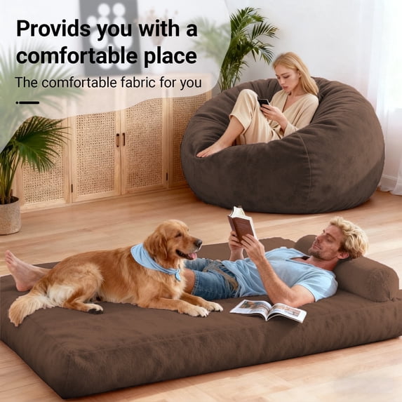 2-in-1 Convertible Bean Bag Chair & Bed for Adults, Coffee Memory Foam ...