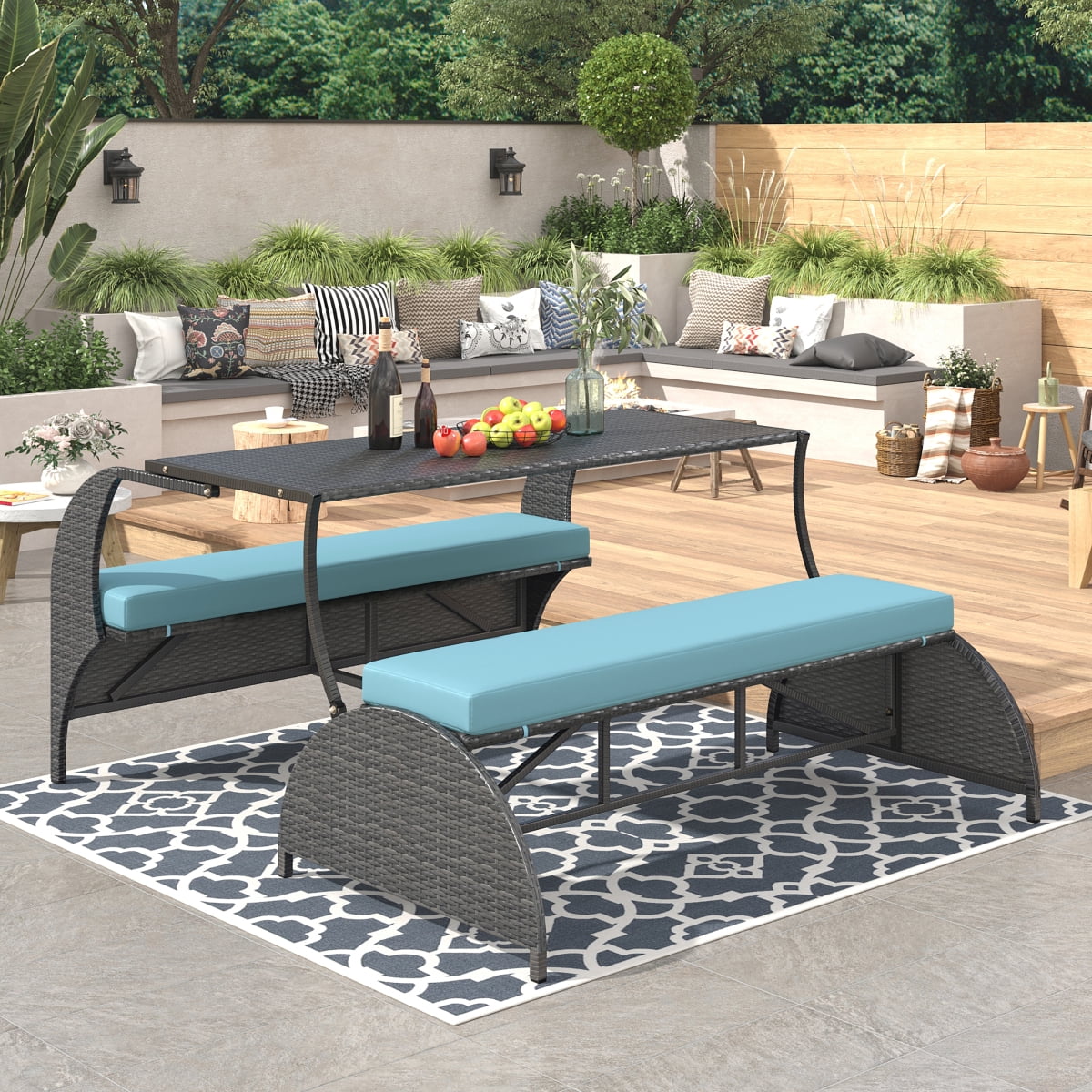 2-in-1 Convertible Outdoor Bench Set, Picnic Table and 4-Seat Loveseat ...