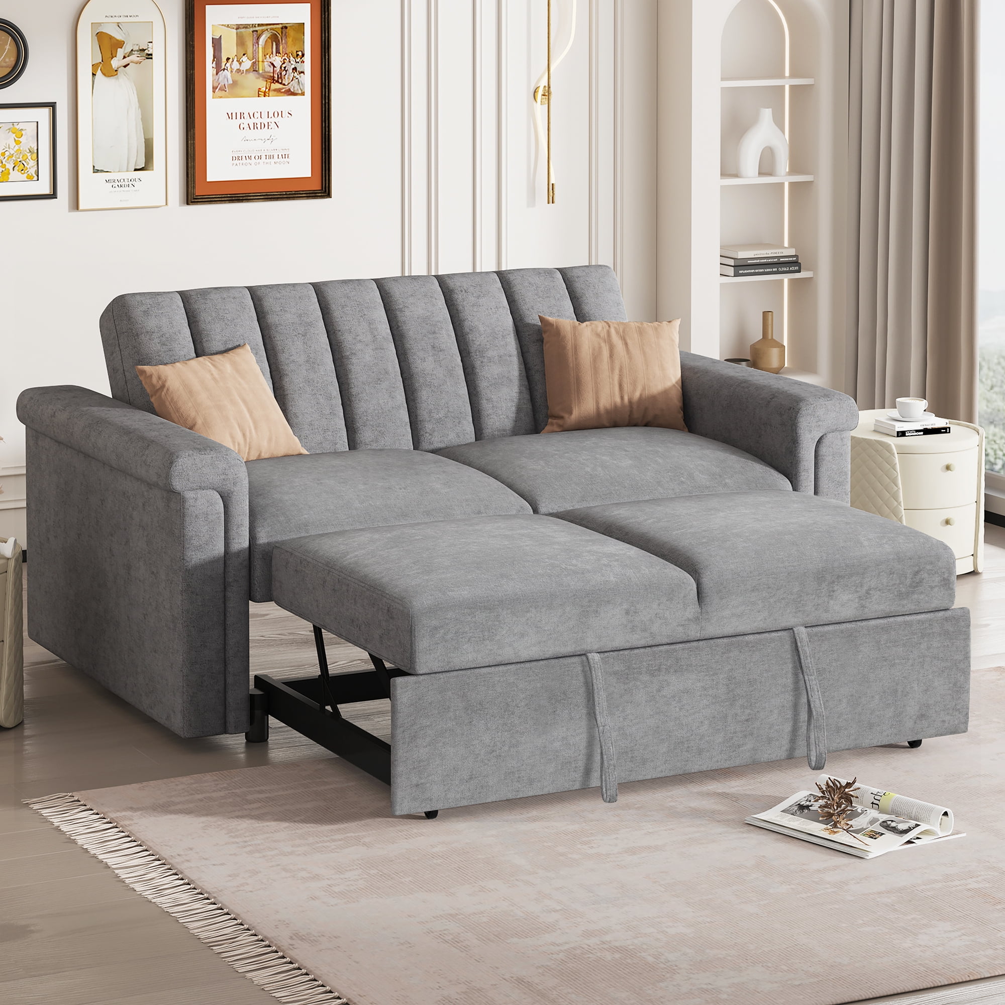 2-in-1 Convertible Sofa Bed, Upholstered Loveseat with Adjustable ...
