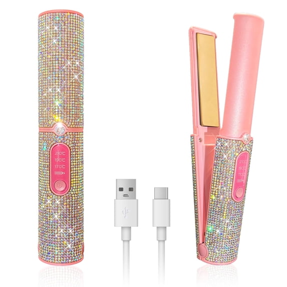 2-in-1 Cordless Hair Straightener Curler, Pink Rhinestone Mini Wireless ...