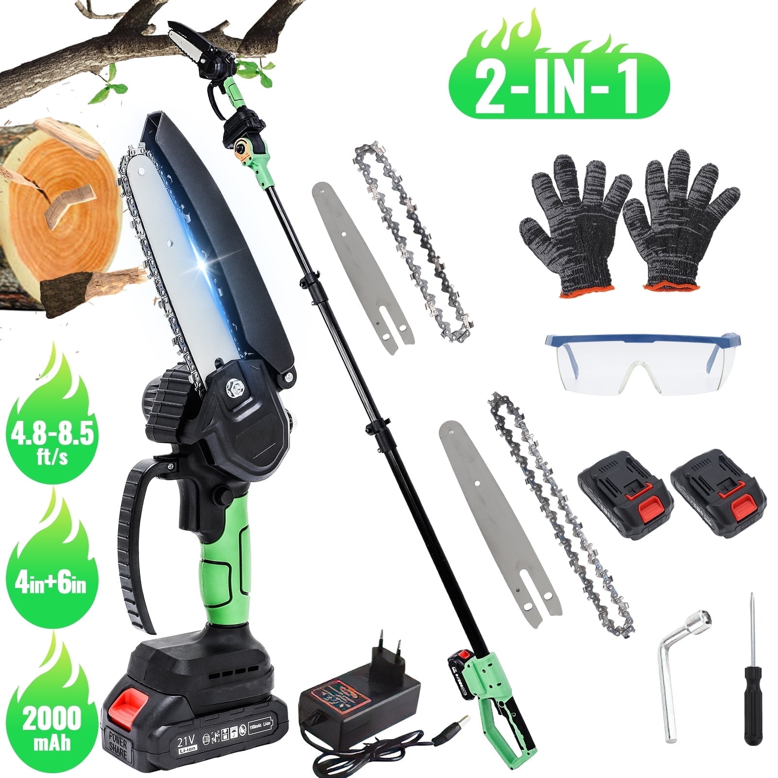 2-in-1 Cordless Pole Saw,6in + 4in Mini Chainsaw & Pole Saw with 2pcs 2 ...