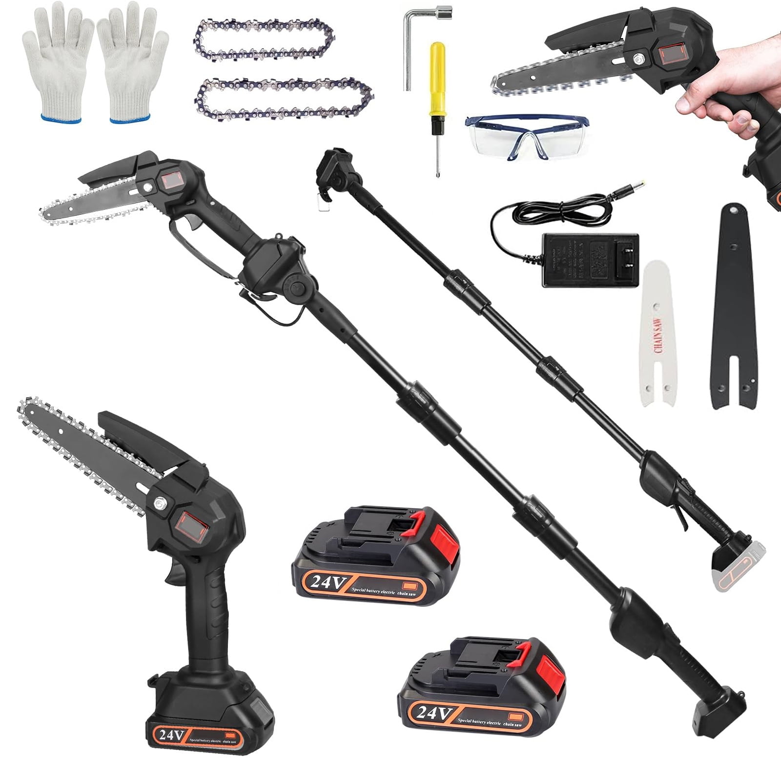 2-in-1 Cordless Pole Saw & Mini Chainsaw, 24V Brushless Electric ...