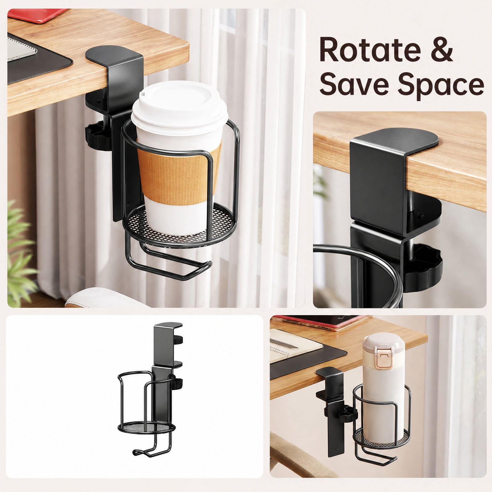 2-in-1 Desktop Cup Holder with Headphone Hanger, Anti-Spill Clip-on ...
