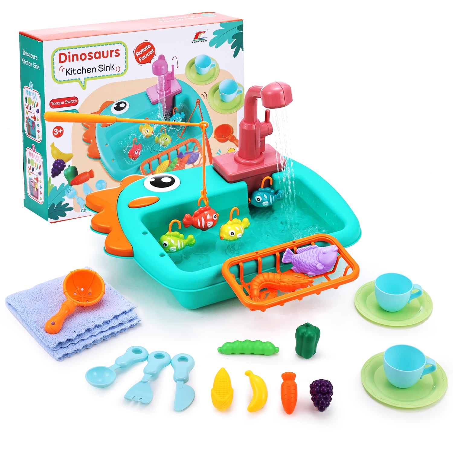 25PCS Kitchen Play Sink Toys, Dinosaur Electronic Dishwasher Sink with ...