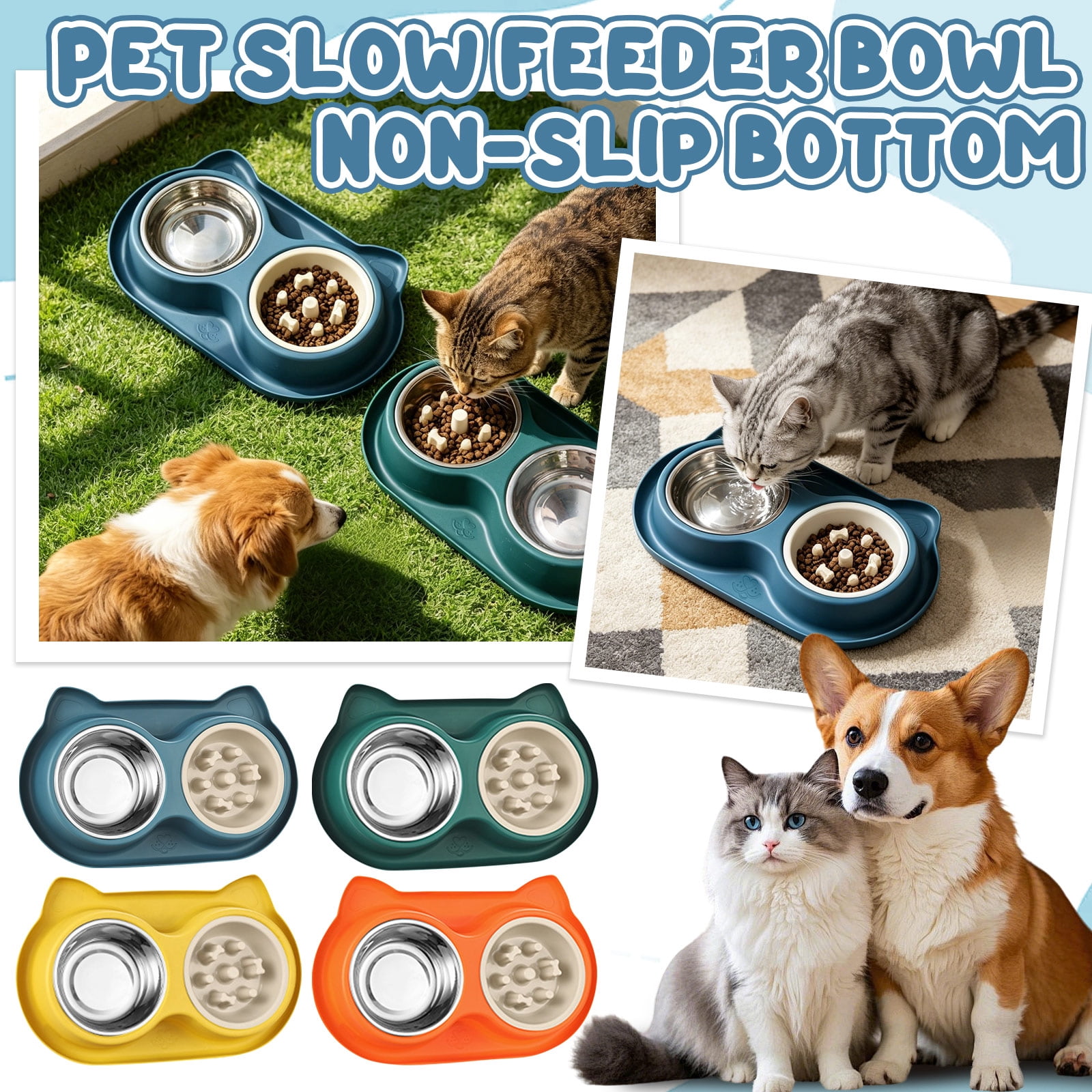 2-in-1 Double Dog Bowls with Removable Slow Feeder, Stainless Steel ...